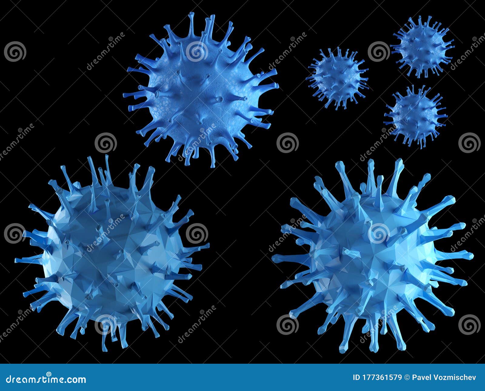 Set of Blue Virus without Background. Polygon Model on a Black ...