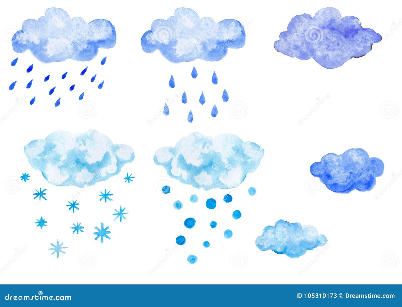 Set of Blue Watercolor Clouds with Precipitation Stock Illustration ...