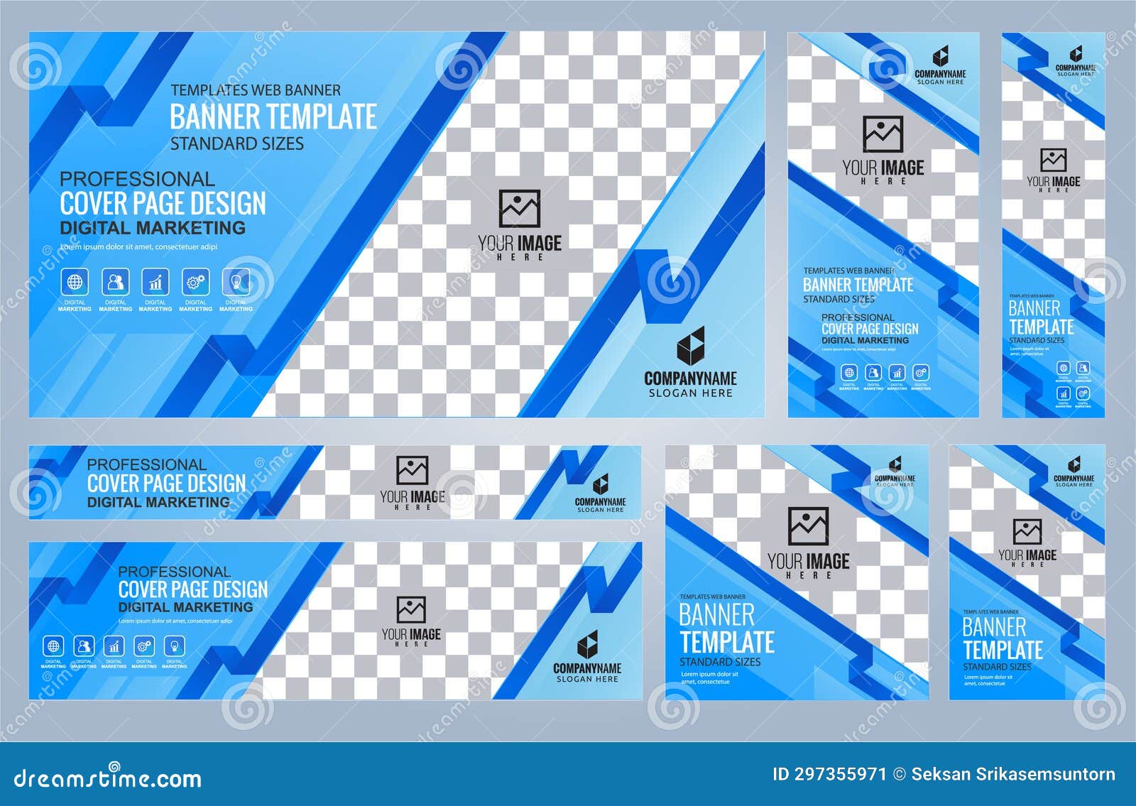 Set of Blue Web Banners Templates, Coverpage Standard Sizes Stock ...