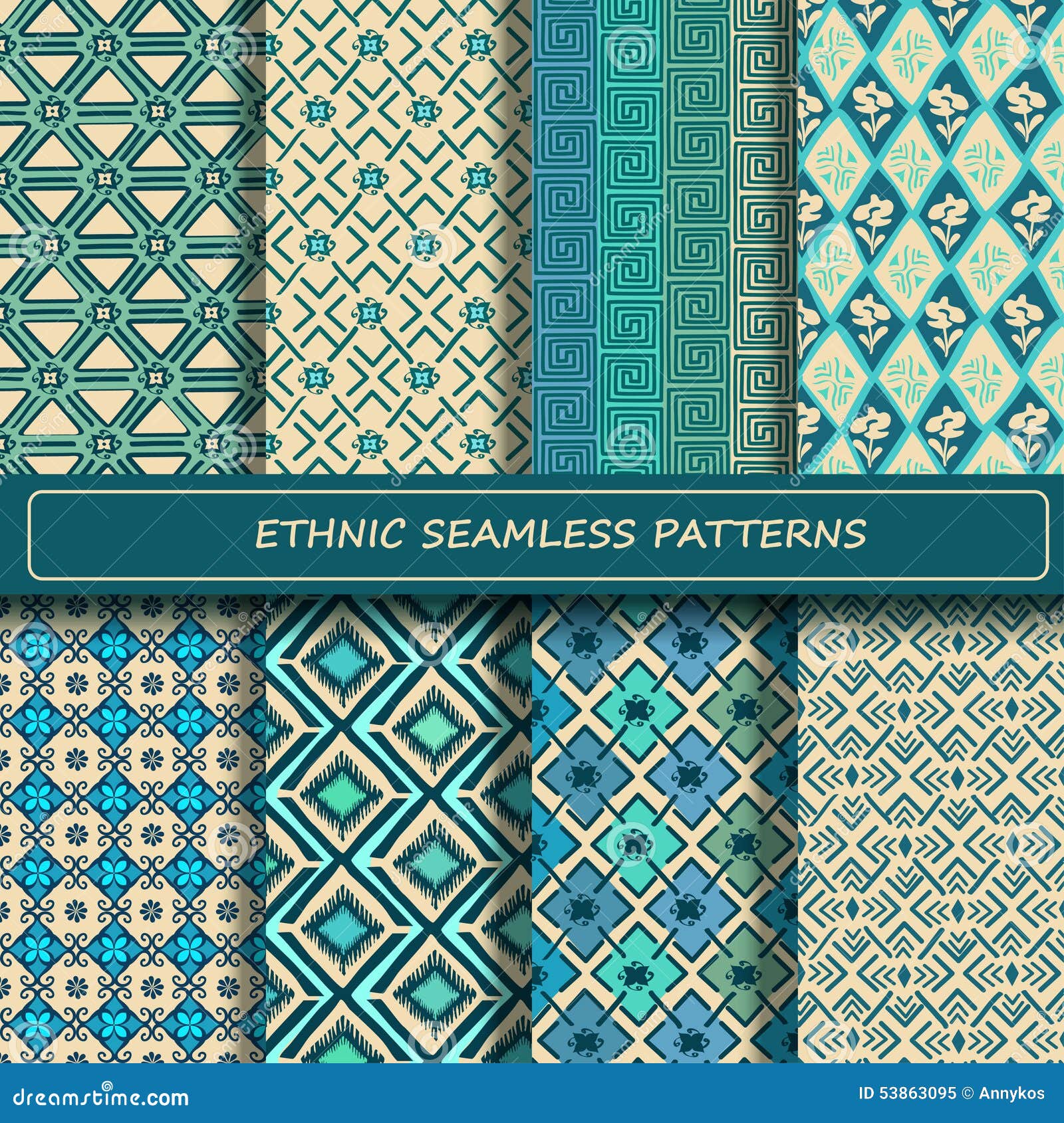 Set of Blue White Abstract Ethnic Geometric Seamless Pattern. Stock ...