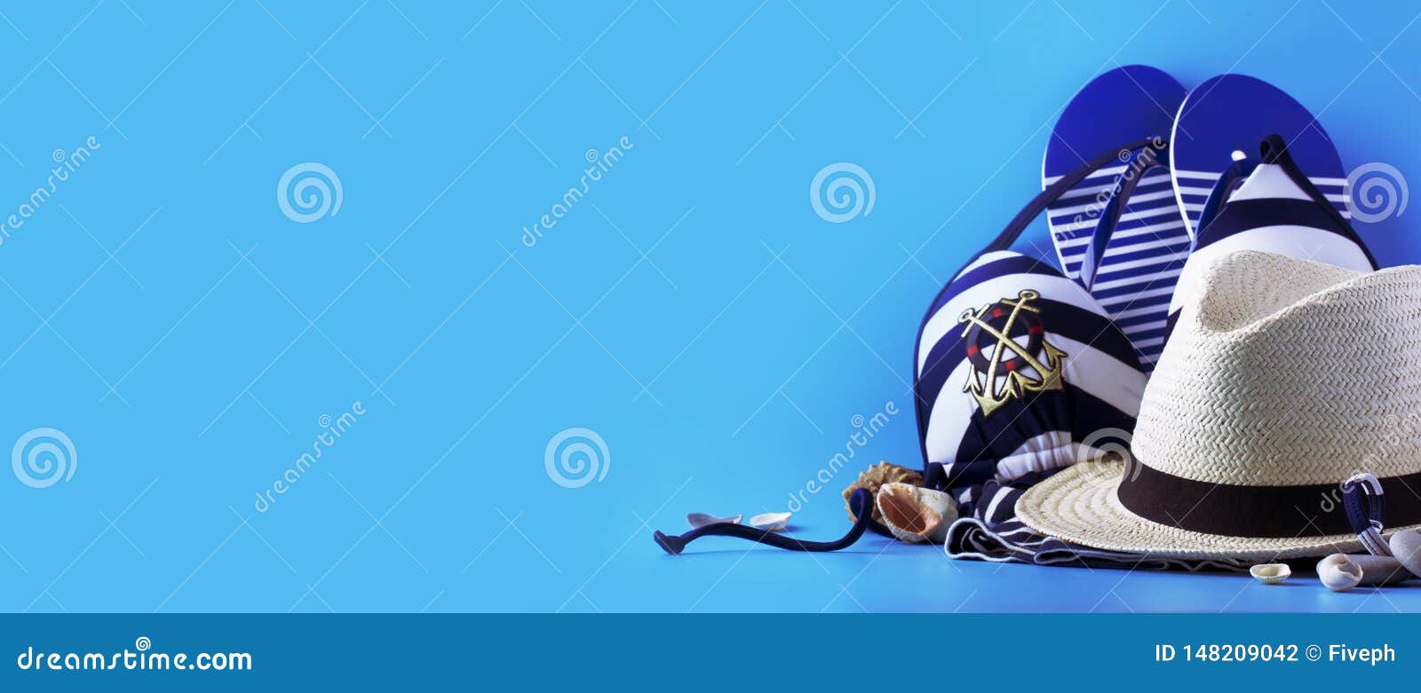 Set of Blue White Summer Beach Things in Nautical Style for Vacation on ...