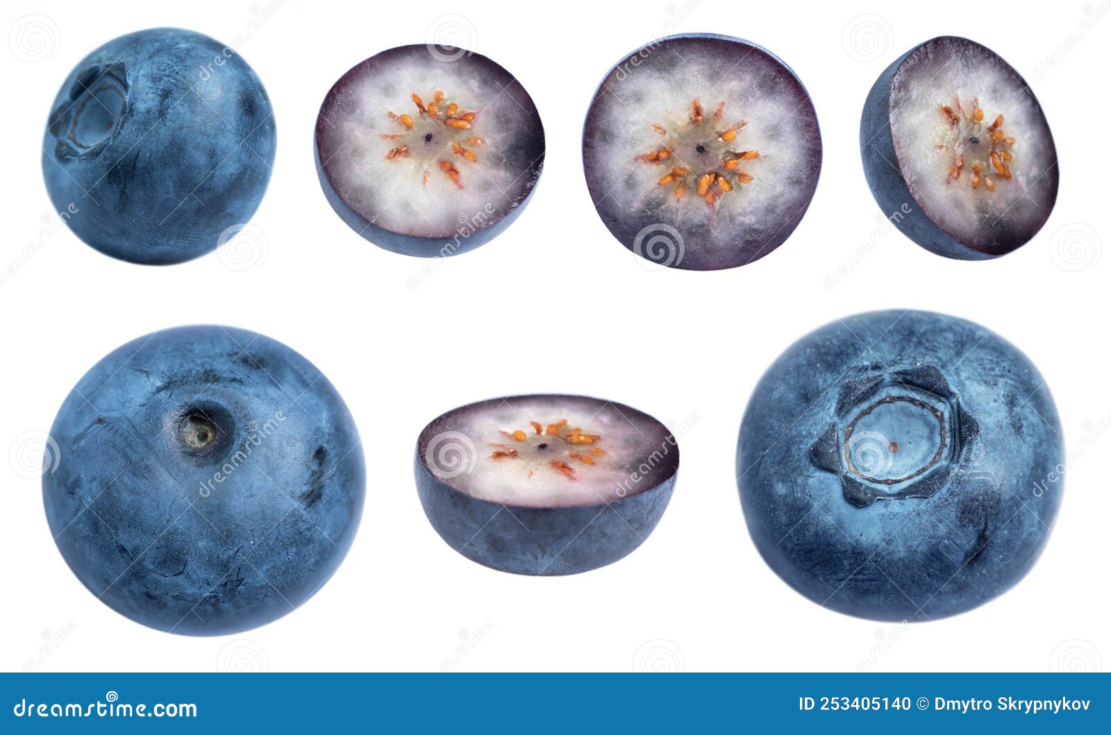 Set of Blueberries Fruit and Blueberry Cut in Half Slice Isolated on ...