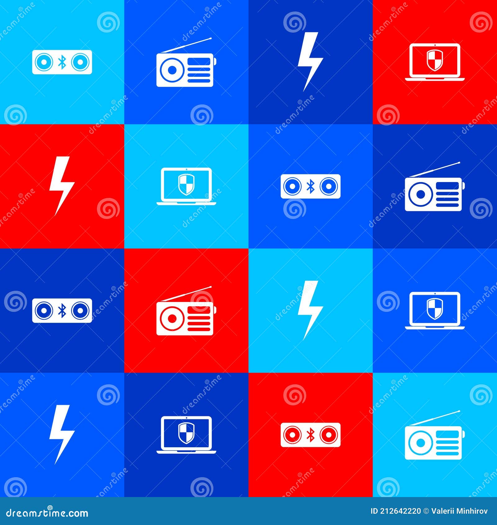 Set Bluetooth Speakers, Radio, Lightning Bolt and Laptop with Shield ...