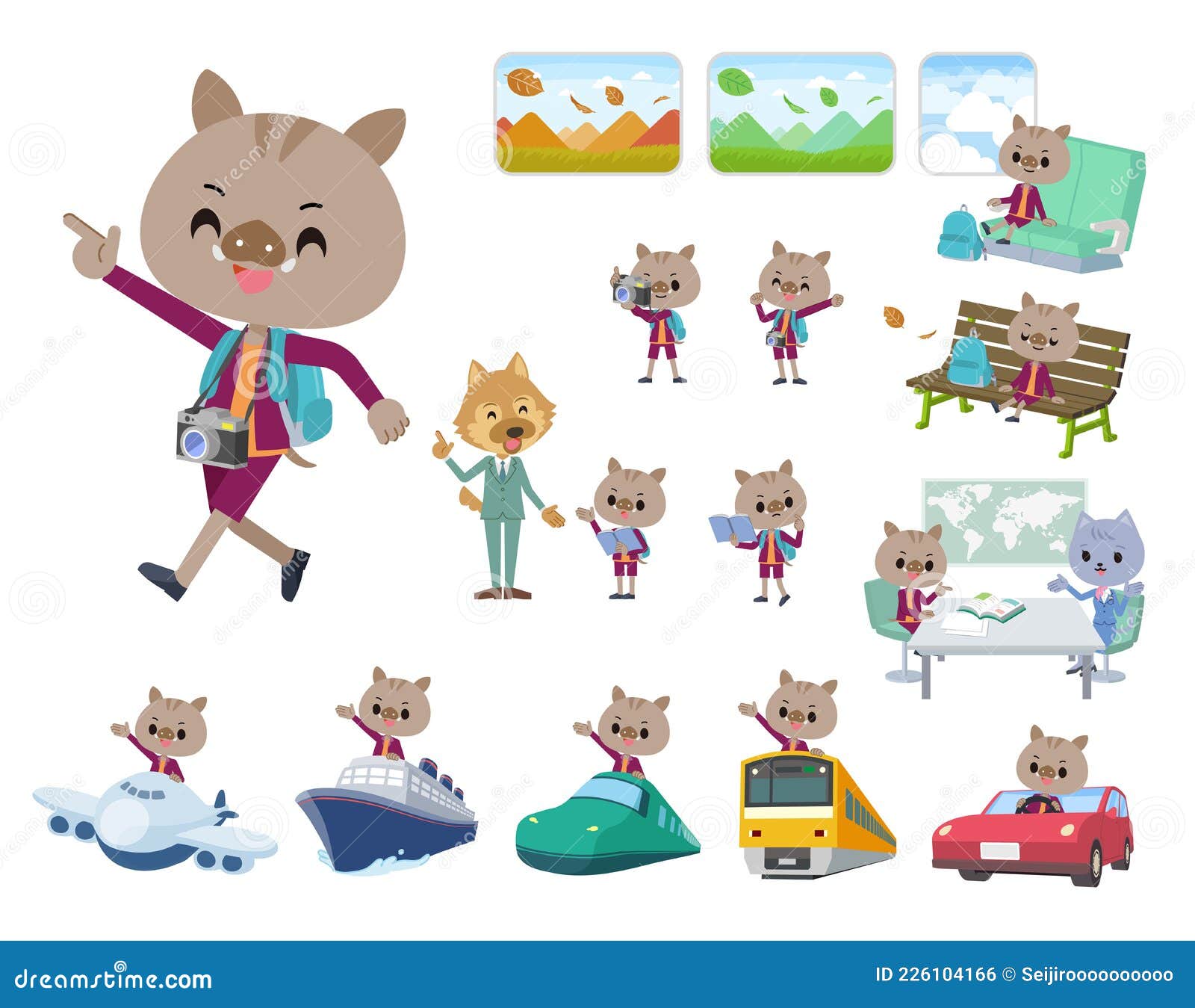 A Set of Boar Boy on Travel Stock Vector - Illustration of deformed ...