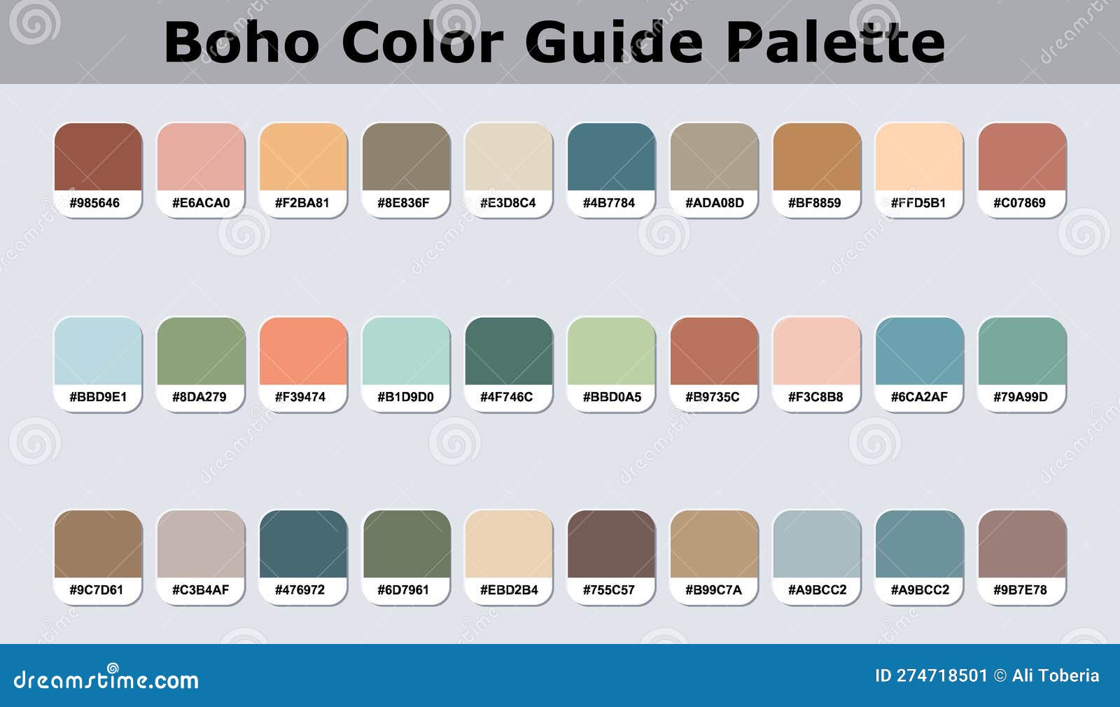 Set of Boho Color Palette Catalog Sample with RGB HEX Codes Isolated in ...