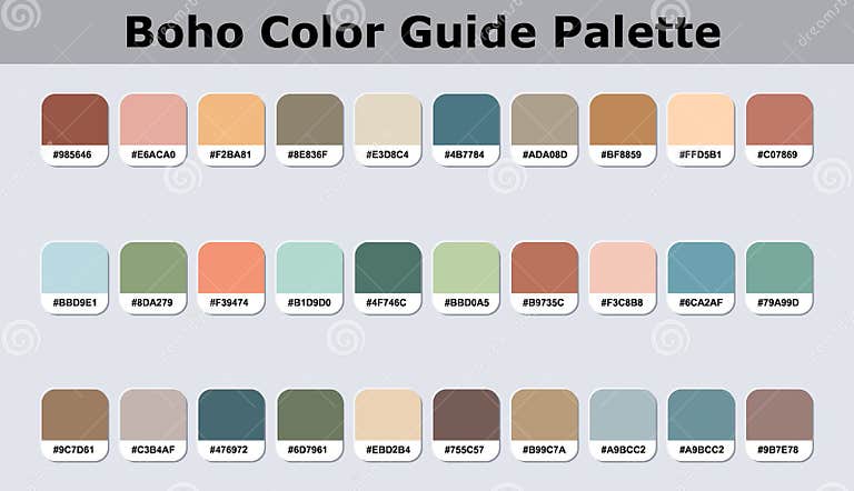 Set of Boho Color Palette Catalog Sample with RGB HEX Codes Isolated in ...