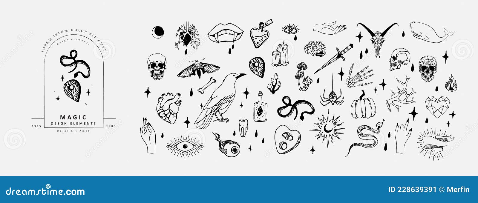 Set of Boho Hand Drawn Mystical Magic Set. Esoteric Doodle Elements and ...