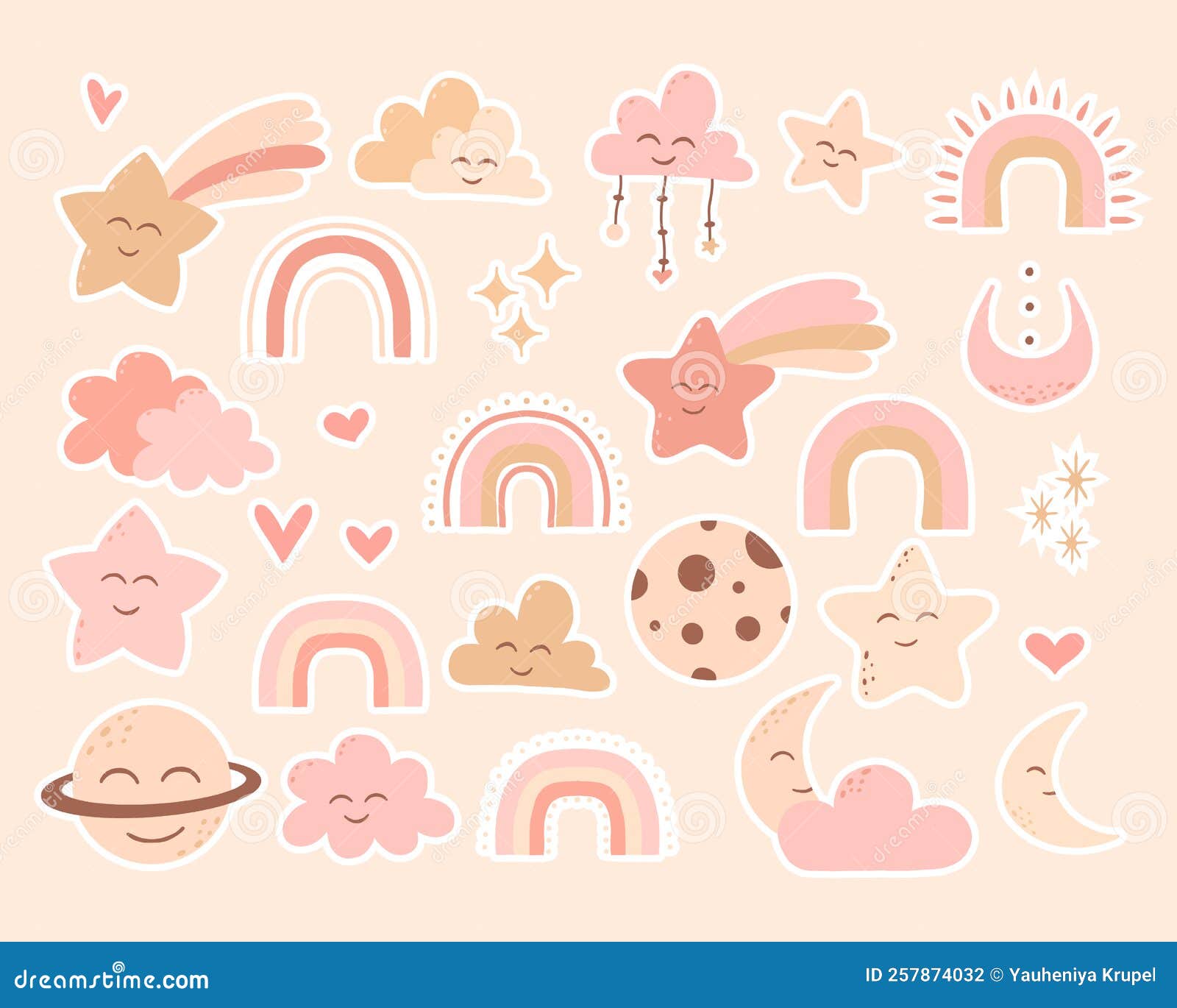 Set of Boho Stickers. Cute Stickers with Moon, Stars and Clouds ...