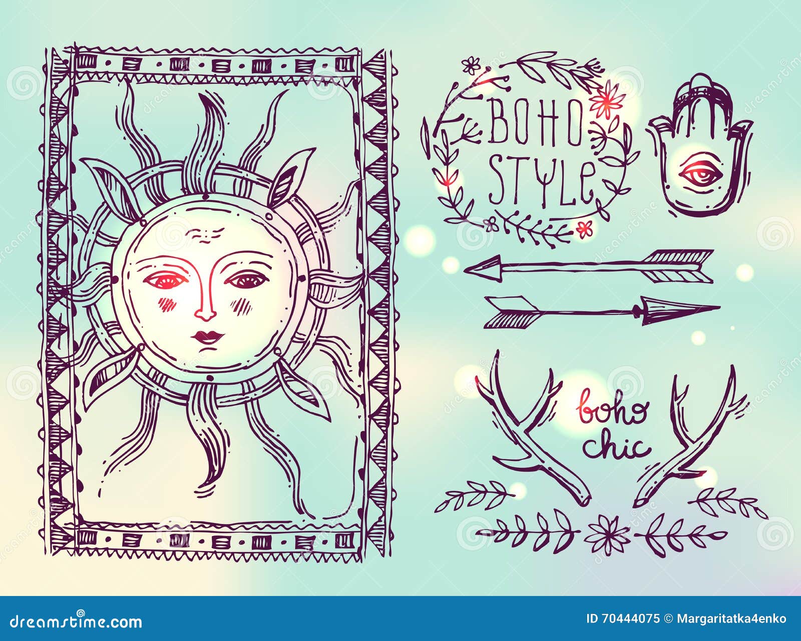 Set of Boho Style Hand Drawn Elements. Stock Vector - Illustration of ...