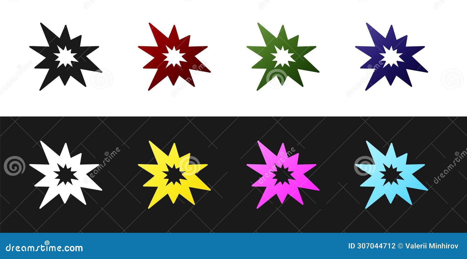 Set Bomb Explosion with Shrapnel and Fireball Icon Isolated on Black ...