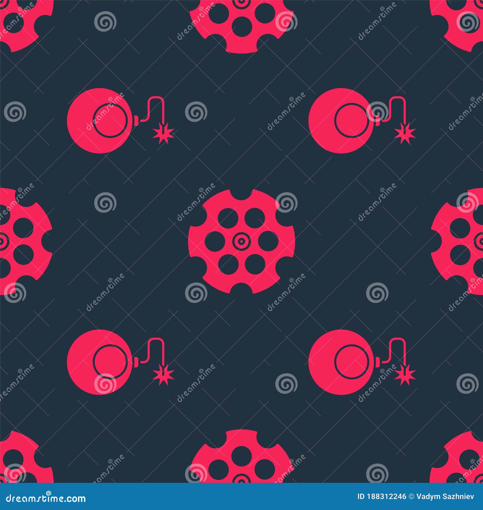 Set Bomb Ready To Explode and Revolver Cylinder on Seamless Pattern ...