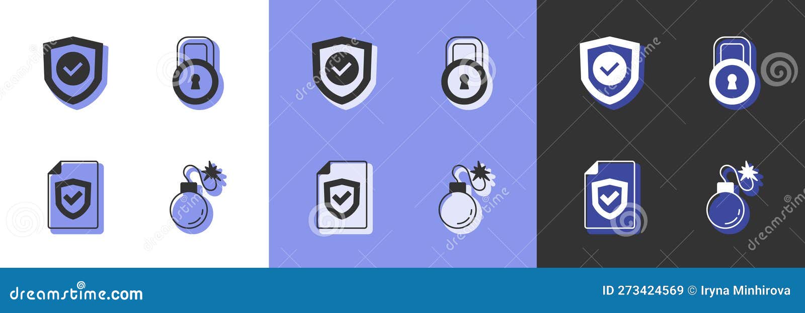 Set Bomb, Shield with Check Mark, Contract Shield and Lock Icon. Vector ...