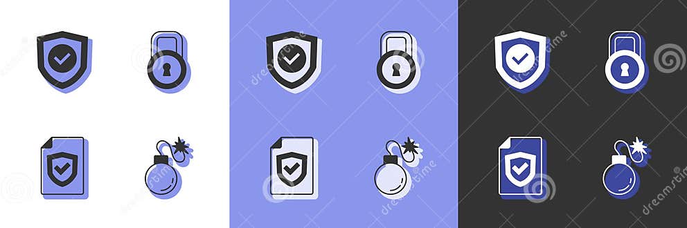 Set Bomb, Shield with Check Mark, Contract Shield and Lock Icon. Vector ...