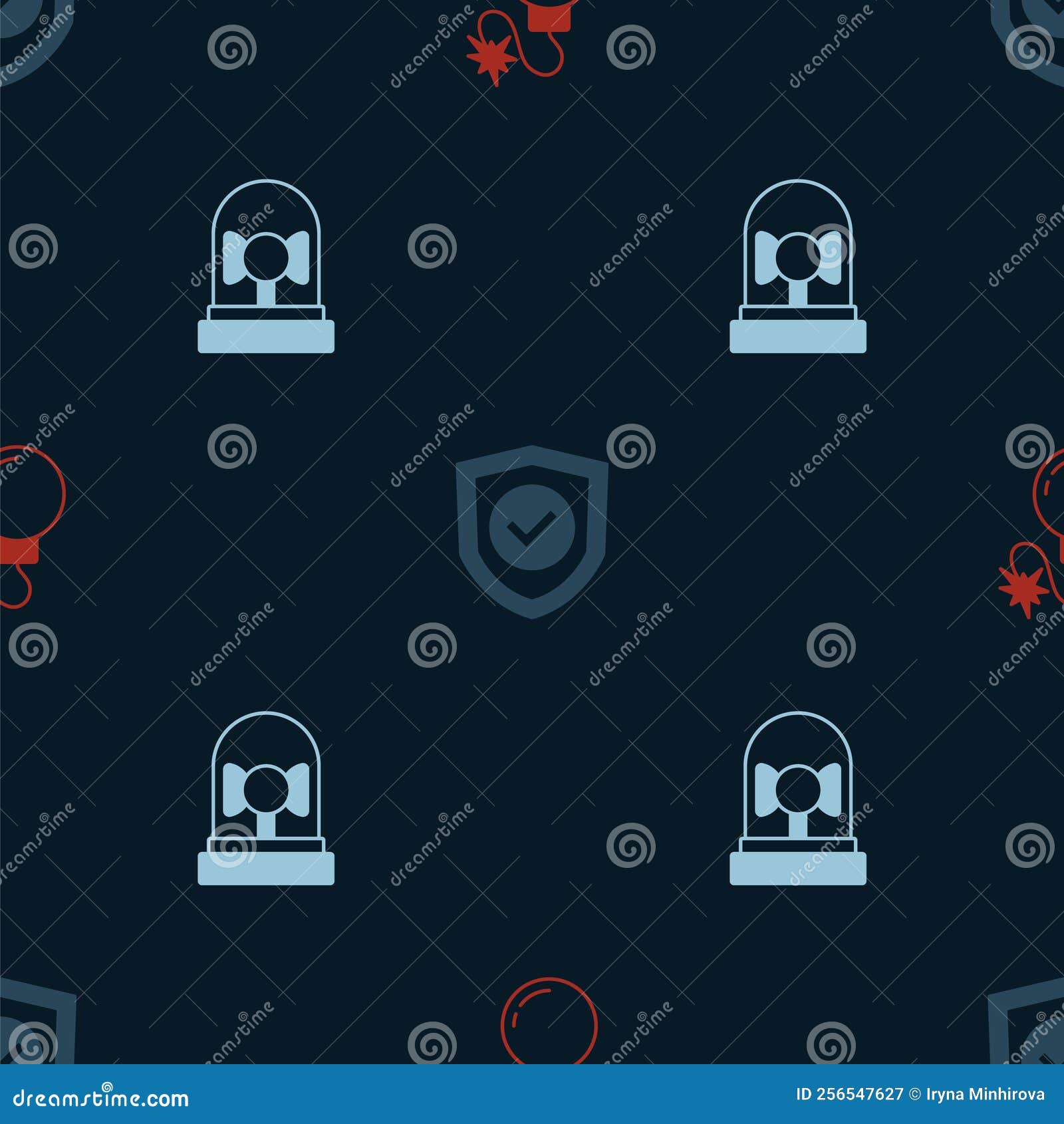 Set Bomb, Shield with Check Mark and Ringing Alarm Bell on Seamless ...