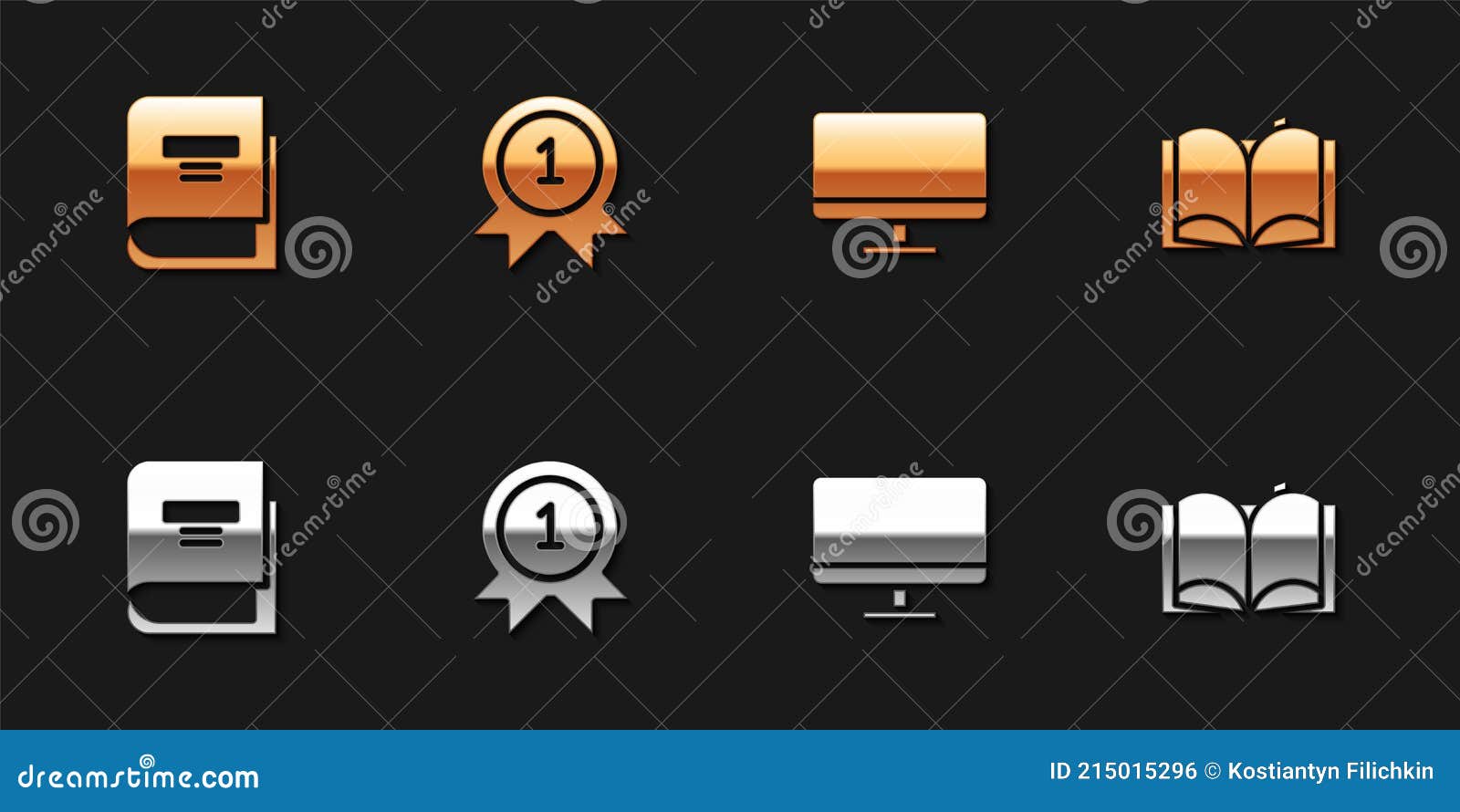 Set Book, Medal, Computer Monitor Screen and Open Book Icon. Vector ...