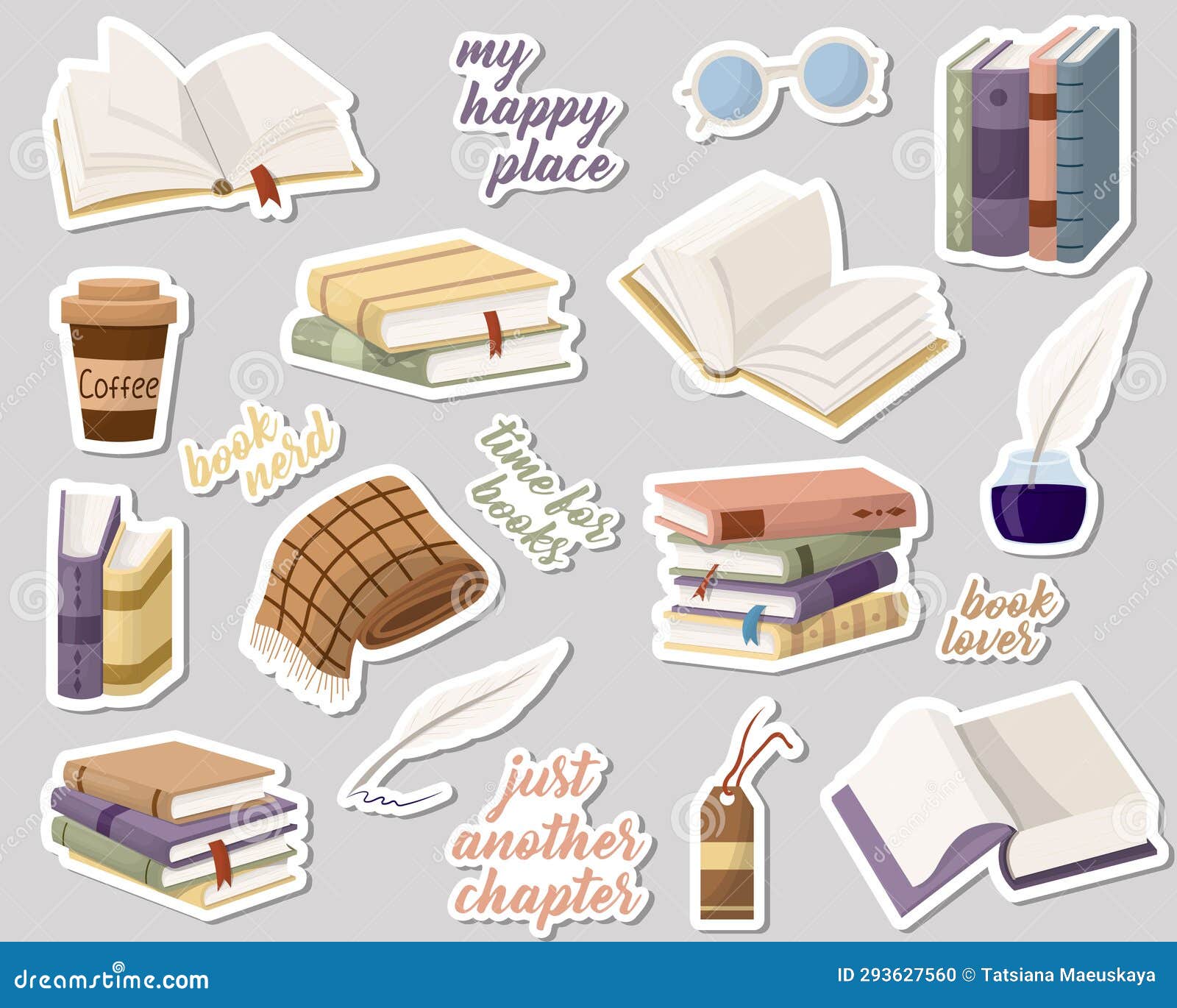 A Set of Book Stickers, Open Books and Books Stacked in Stacks ...