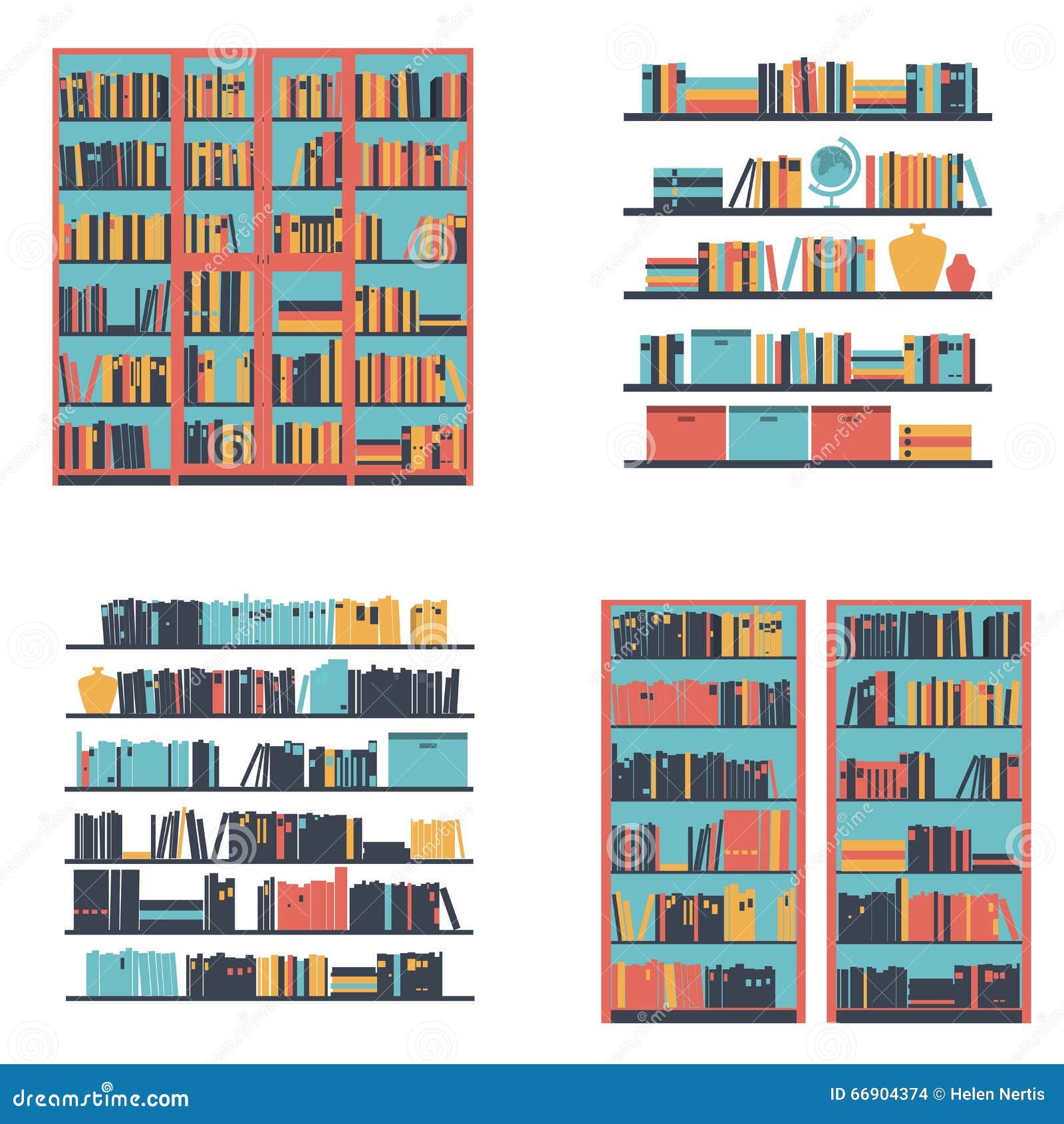 Set of Bookshelves and Bookcase with Books. Vector Illustration. Stock ...