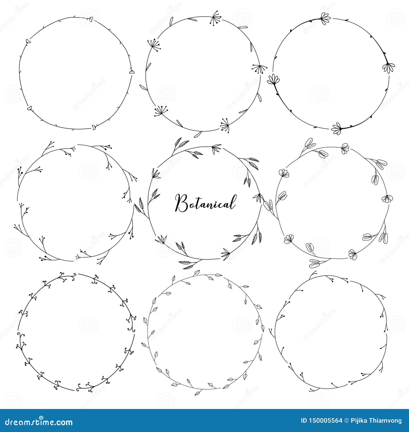 Set of Botanical Round Frame, Hand Drawn Flowers, Botanical Composition ...