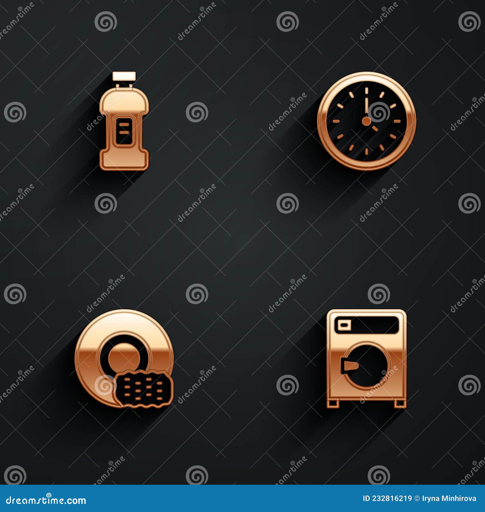 Set Bottle for Detergent, Clock, Washing Dishes and Washer Icon with ...