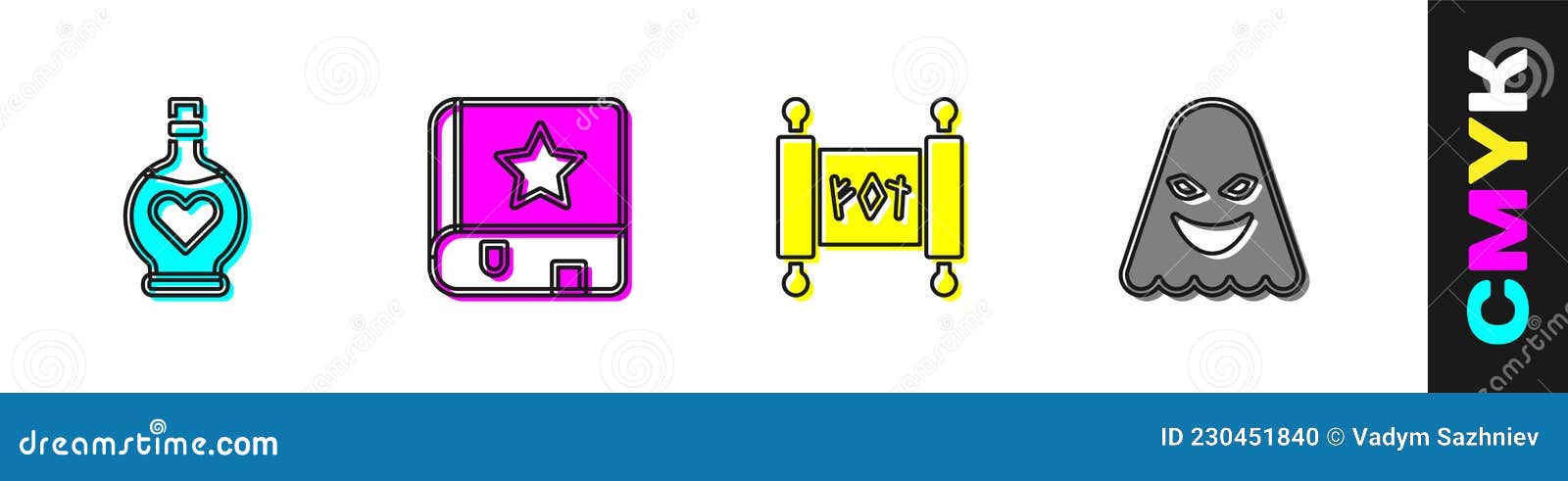 Set Bottle with Love Potion, Ancient Magic Book, Magic Scroll and Ghost ...