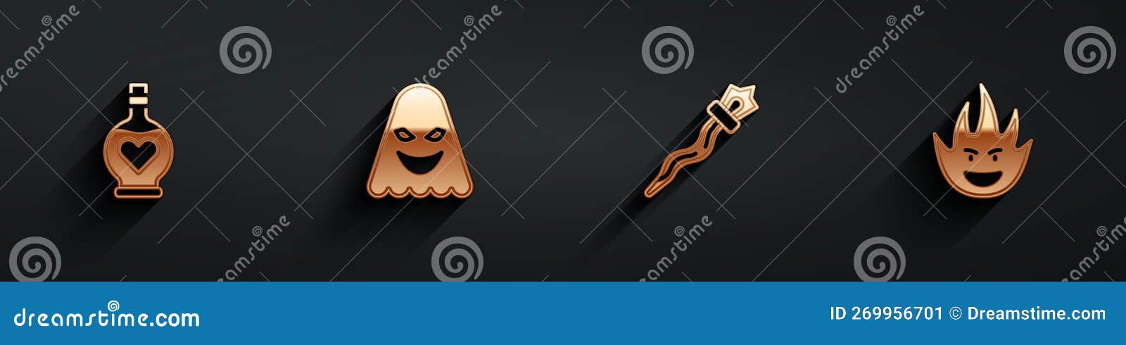 Set Bottle with Love Potion, Ghost, Magic Staff and Fire Flame Icon ...