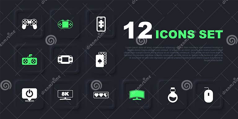 Set Bottle with Magic Elixir, Computer Mouse, Portable Video Game Console, Monitor, Game ...