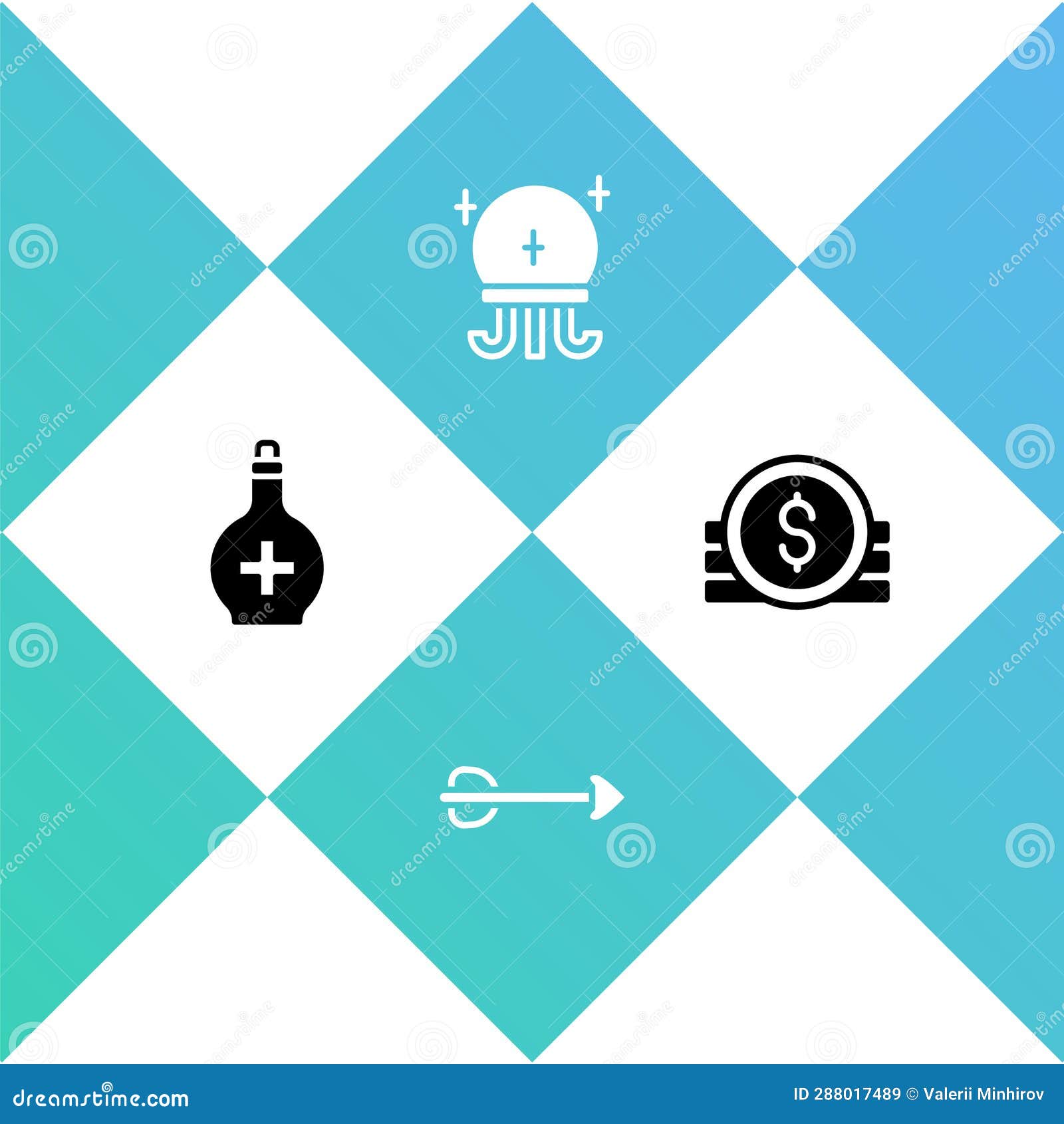 Set Bottle with Potion, Arrow, Magic Ball and Ancient Coin Icon. Vector ...
