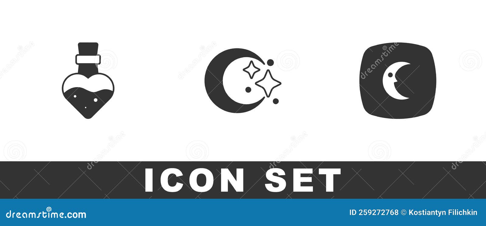 Set Bottle with Potion, Moon and Stars and Icon. Vector Stock Vector ...
