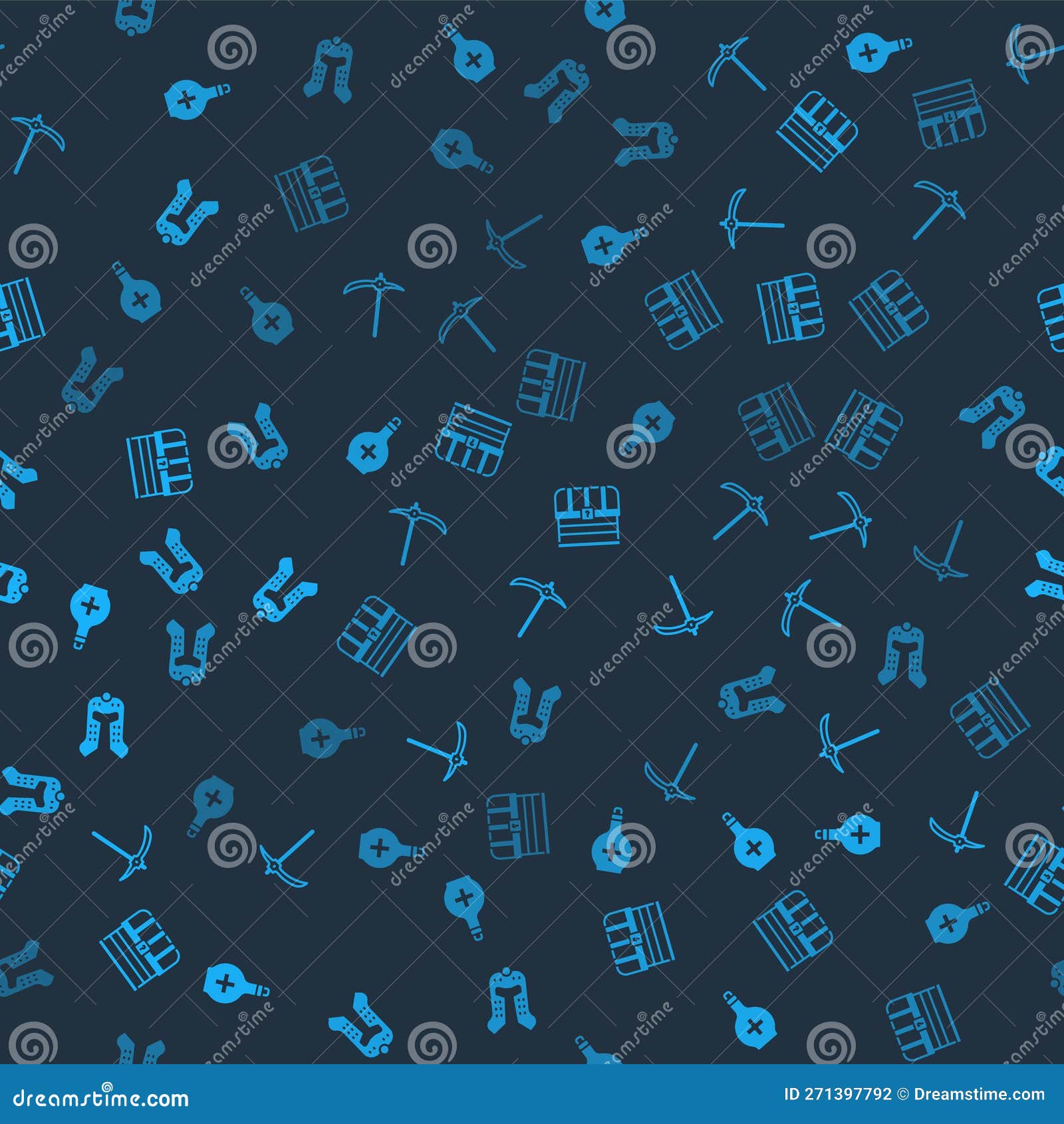 Set Bottle with Potion, Pickaxe, Chest and Medieval Helmet on Seamless ...