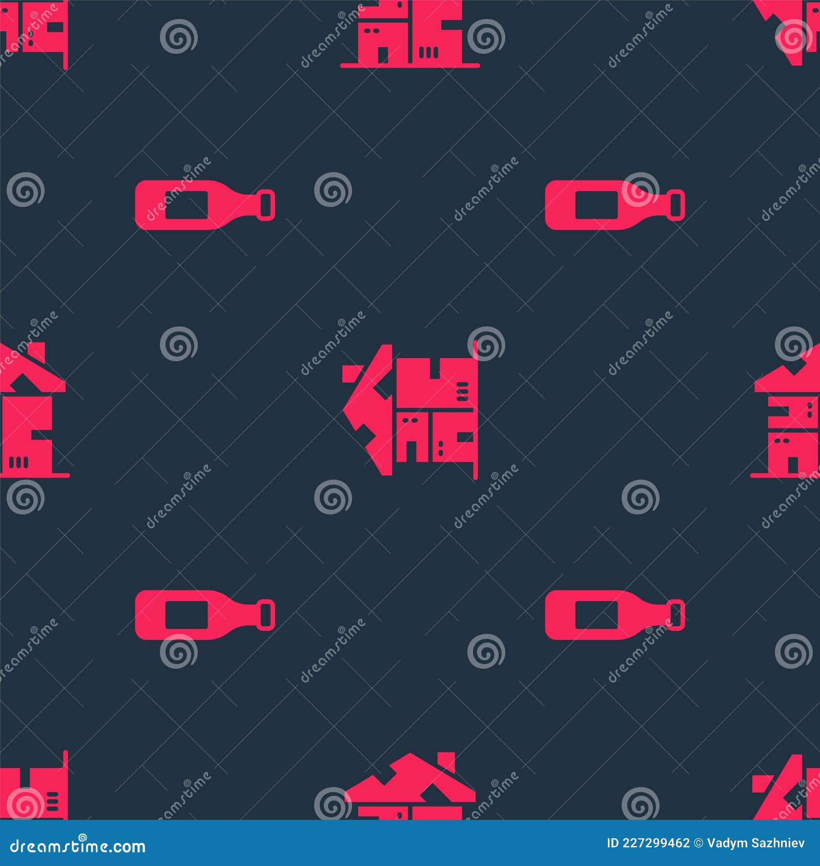 Set Bottle of Water and Homeless Cardboard House on Seamless Pattern ...