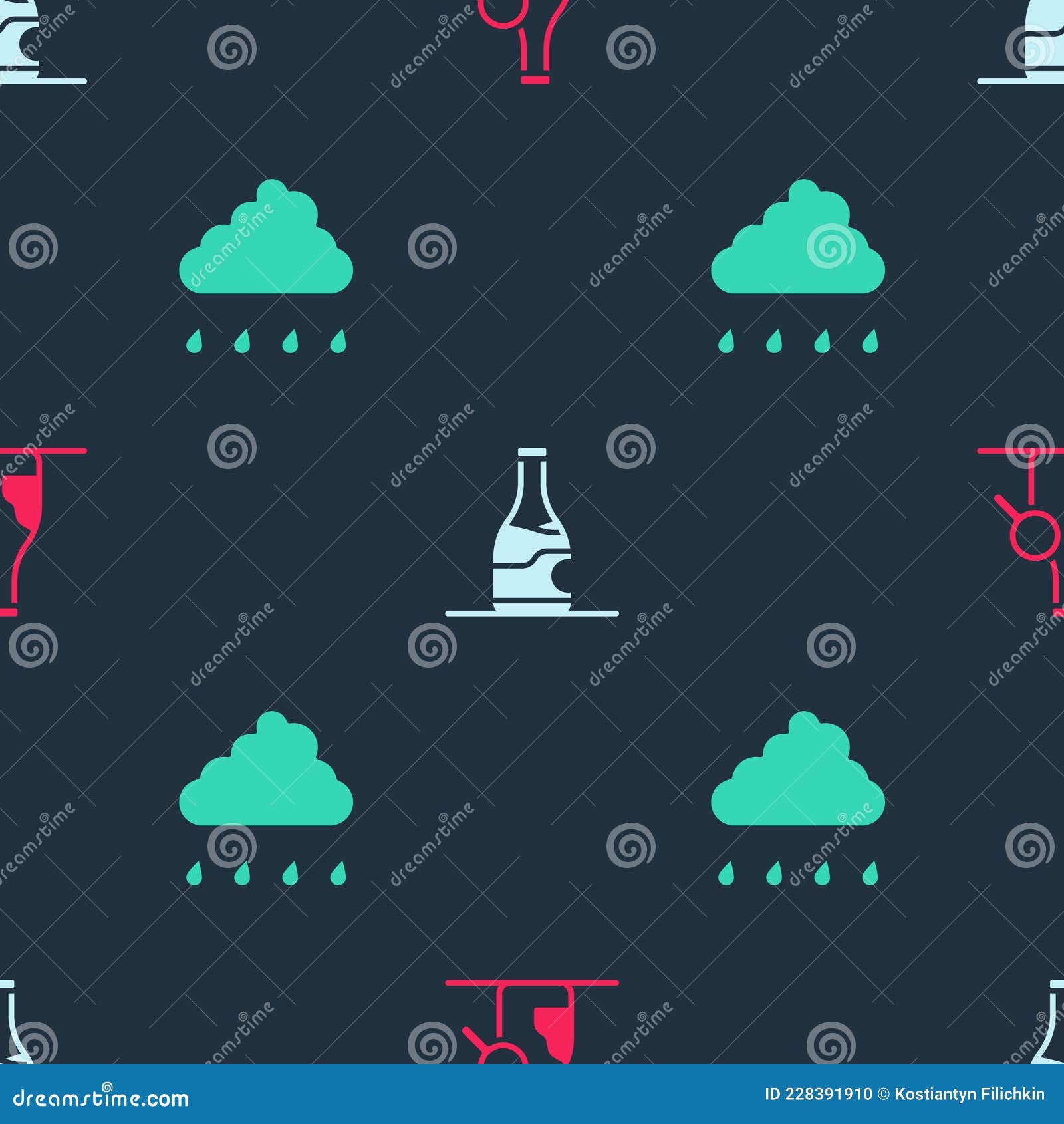 Set Bottle of Wine, and Cloud with Rain on Seamless Pattern. Vector ...