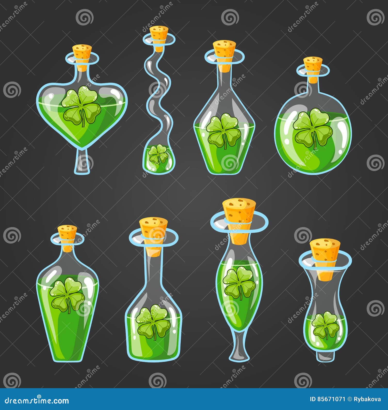 Set with Bottles of Clover Potion Stock Vector - Illustration of game ...