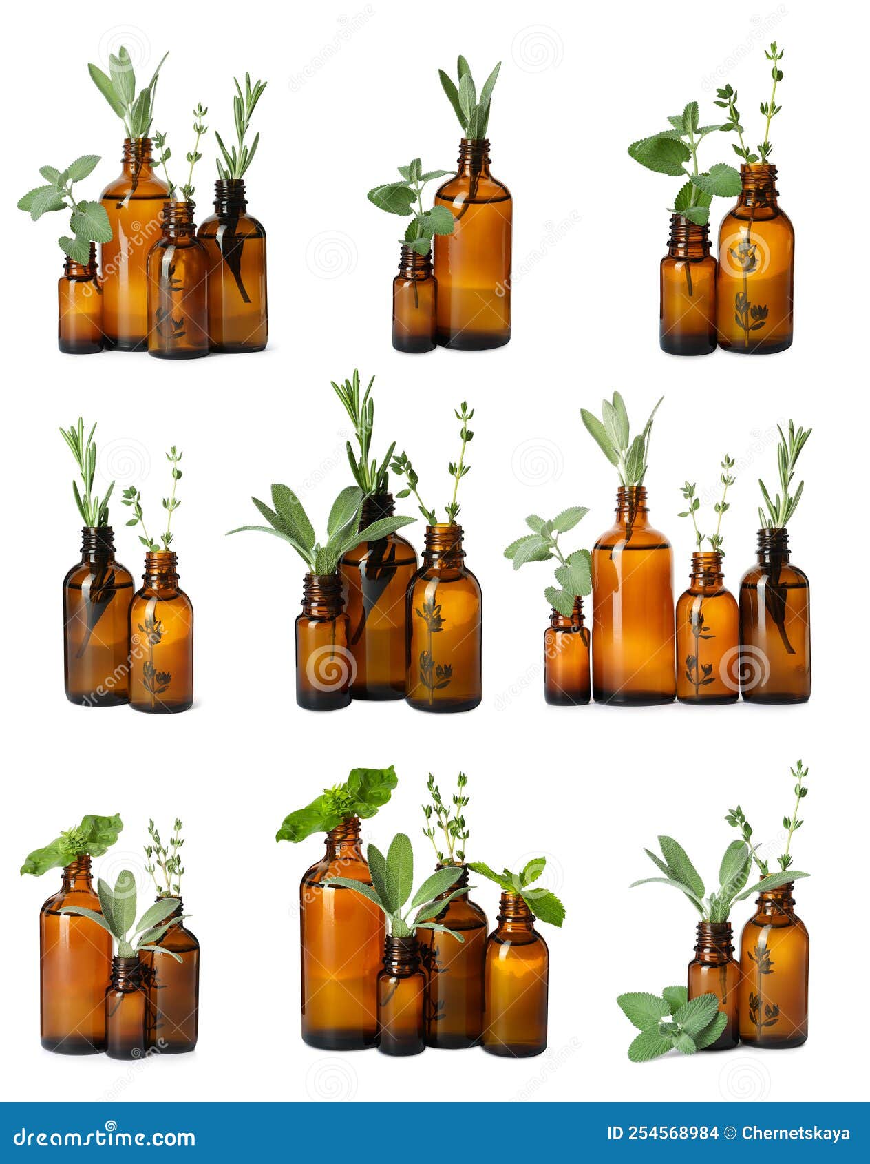 Set with Bottles of Different Essential Oils and Leaves on White ...