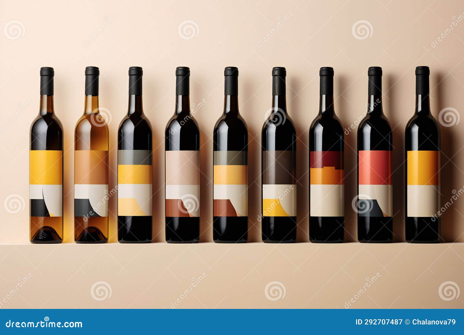 Set of Bottles of Wine with Abstract Labels in Row Stock Illustration ...