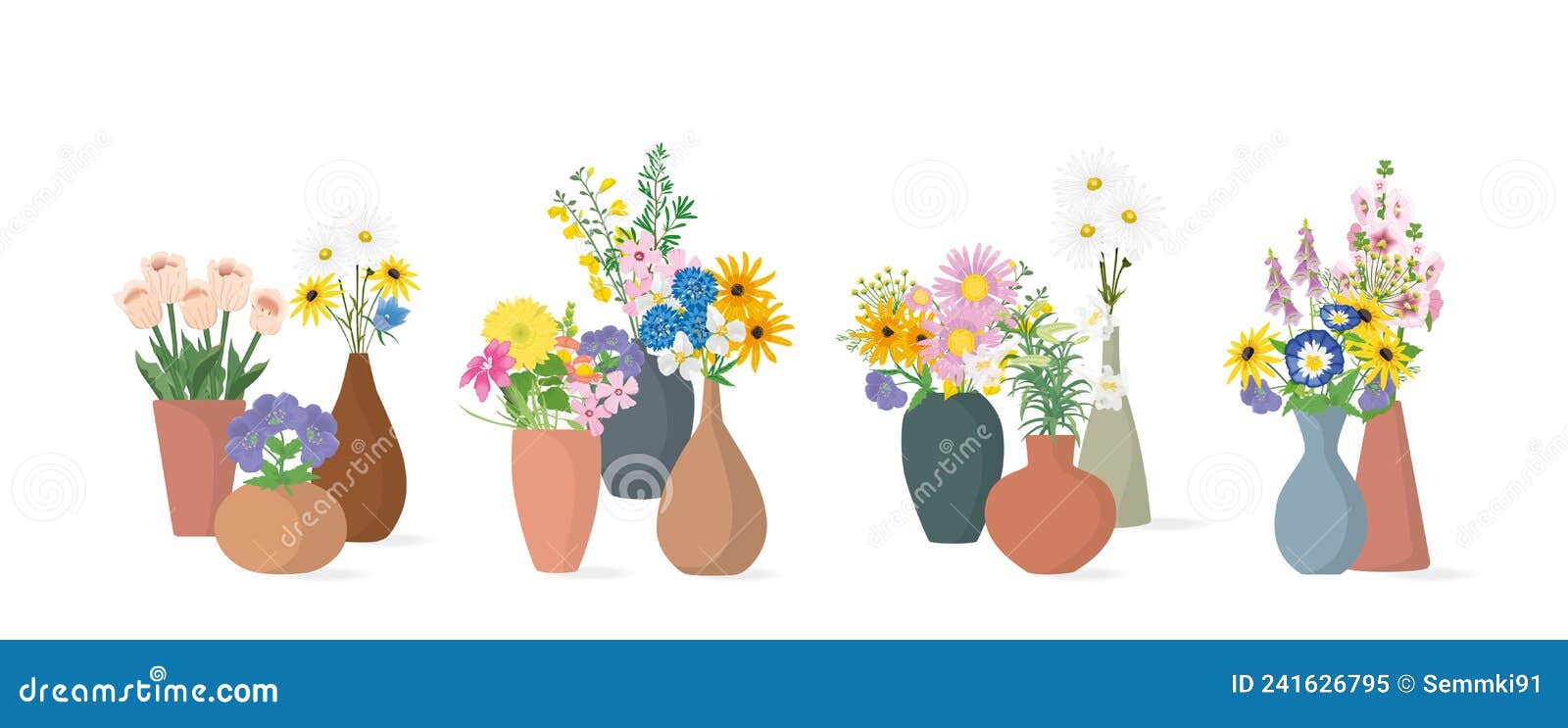 A Set of Bouquets of Spring Flowers in Clay Vases.Vector Illustration ...