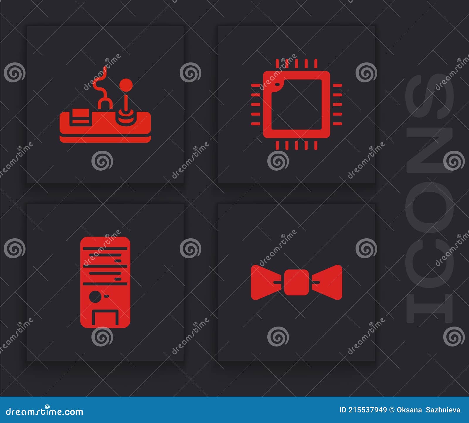 Set Bow Tie, Gamepad, Processor with CPU and Computer Icon. Vector ...