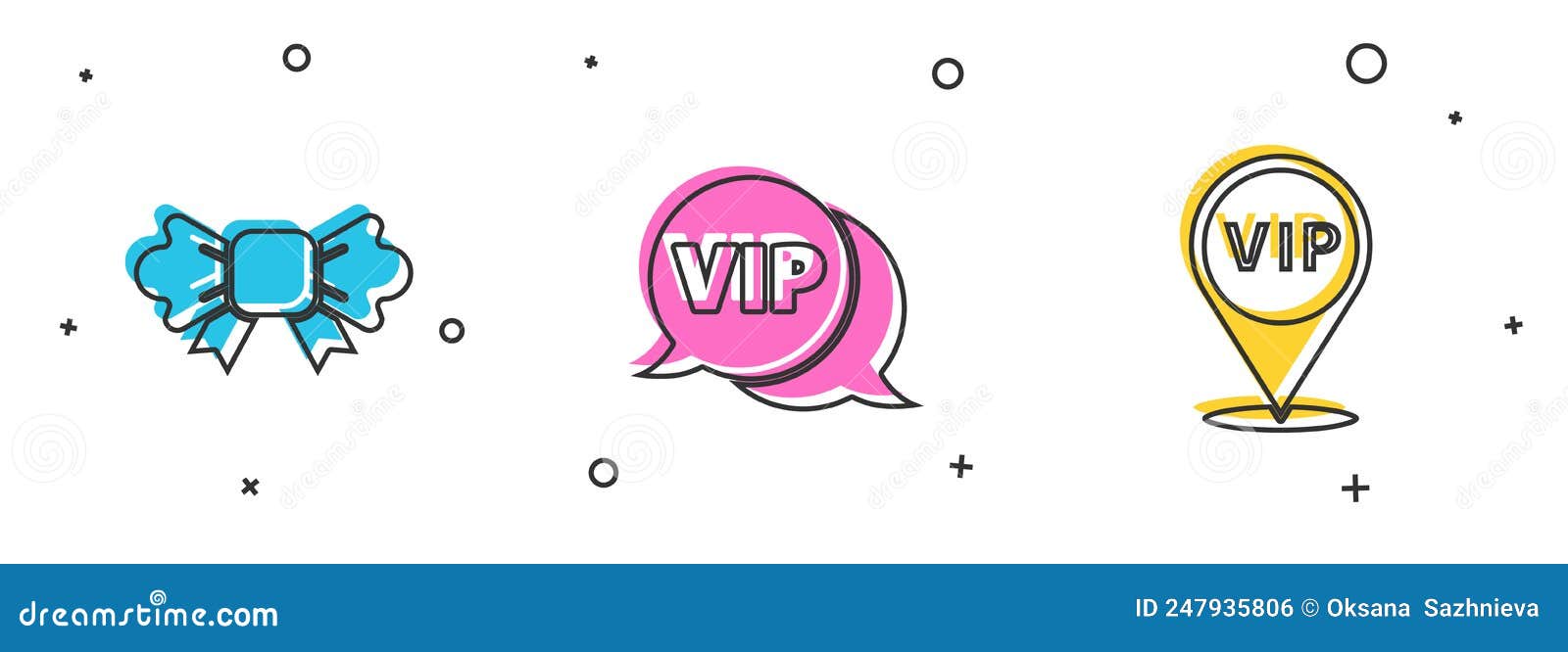 Set Bow Tie, Vip in Speech Bubble and Location Icon. Vector Stock ...