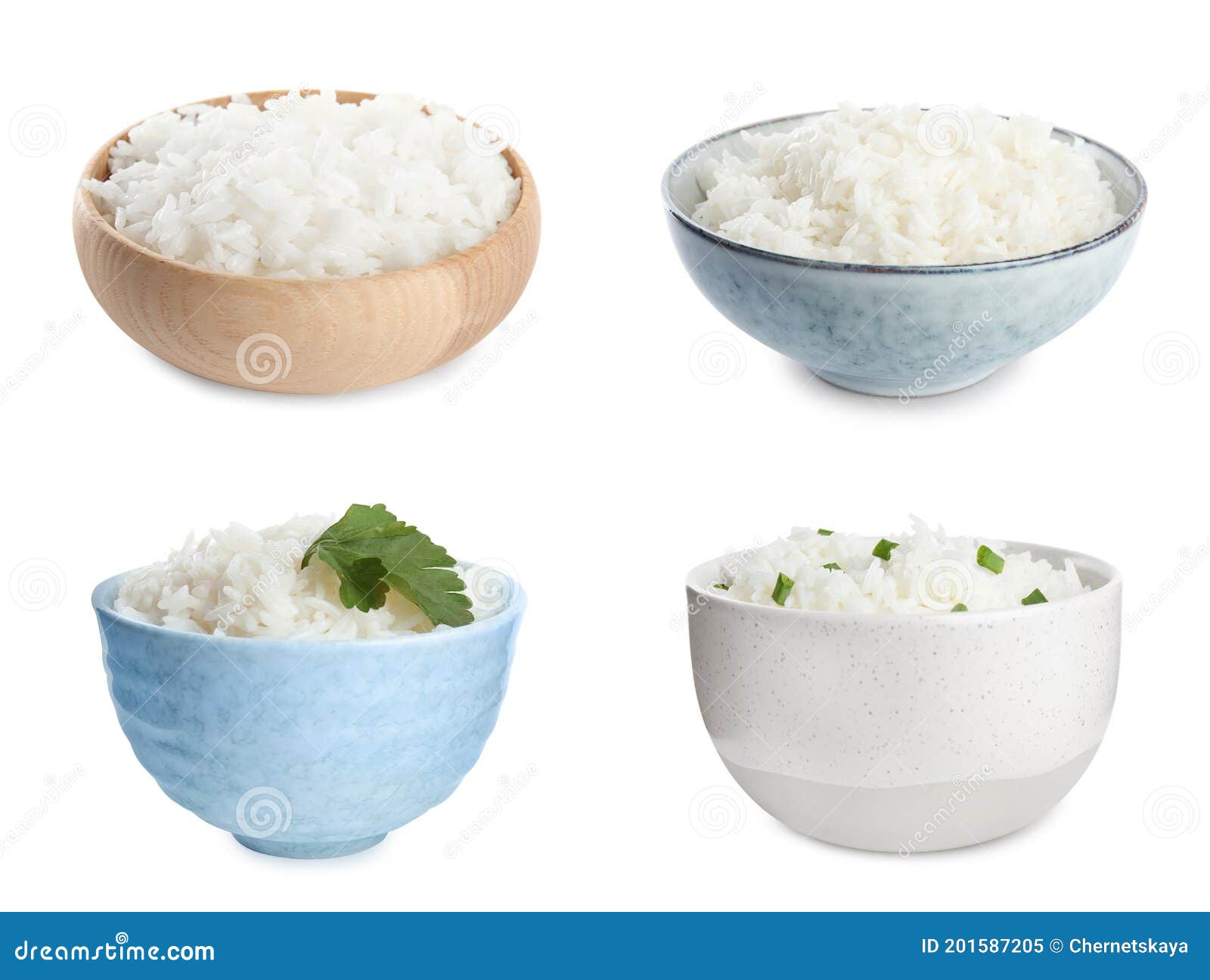 Set of Bowls with Cooked Rice Isolated on White Stock Image - Image of ...