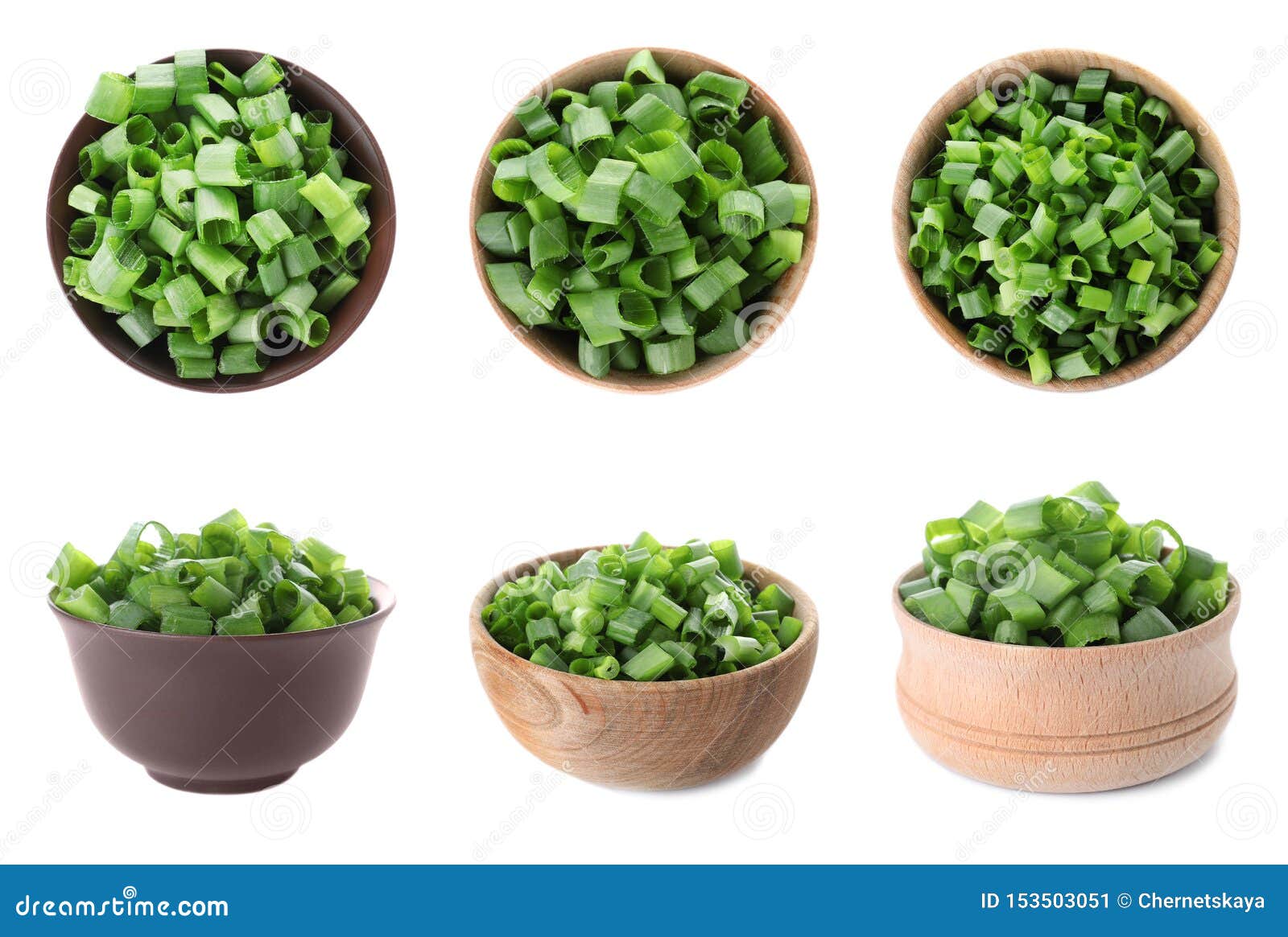 Set of Bowls with Fresh Green Onions on White Stock Image - Image of ...