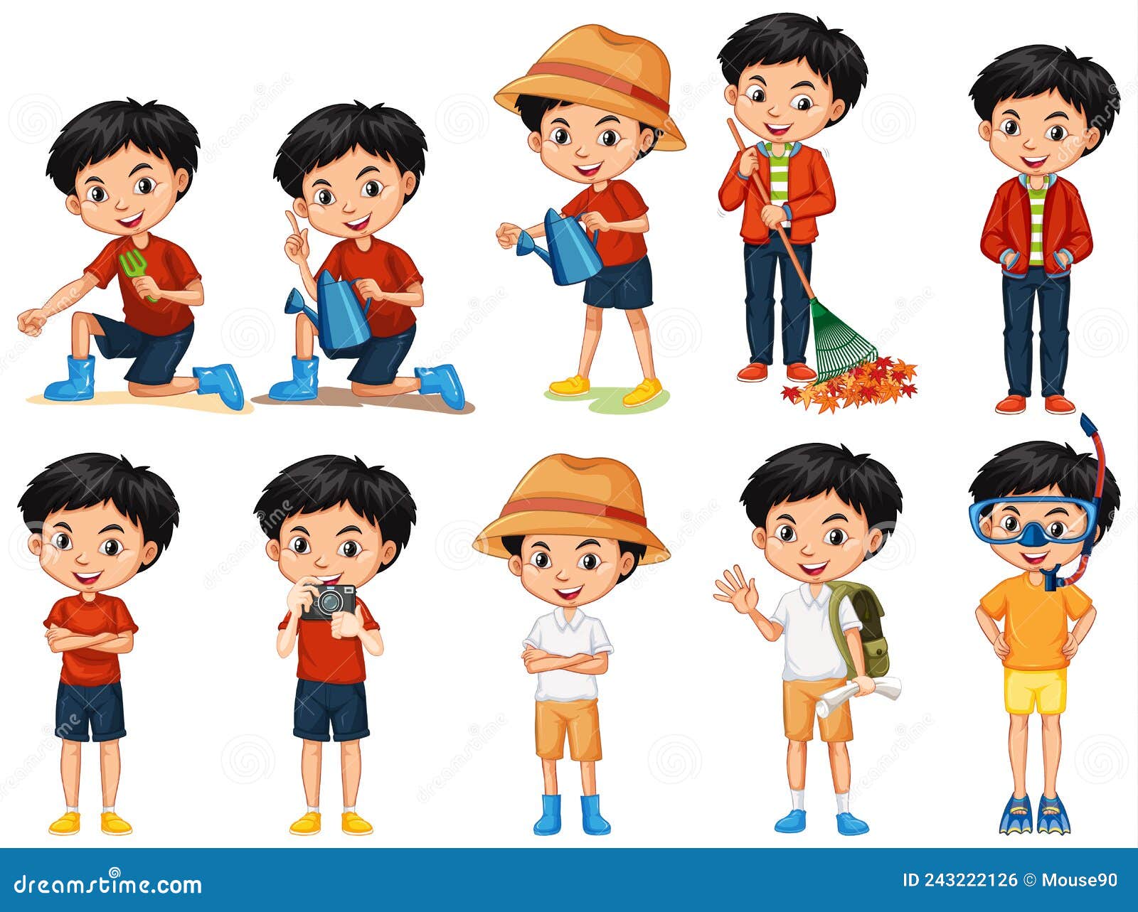 Set of Boy Doing Different Activities on Isolated Background Stock ...