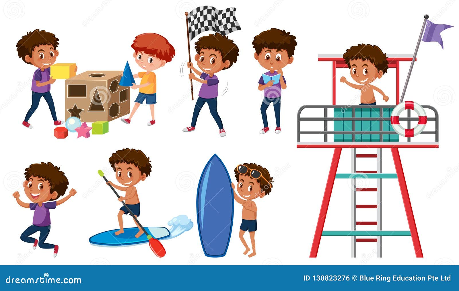 Set of Boys Doing Activitys Stock Vector - Illustration of tanned ...