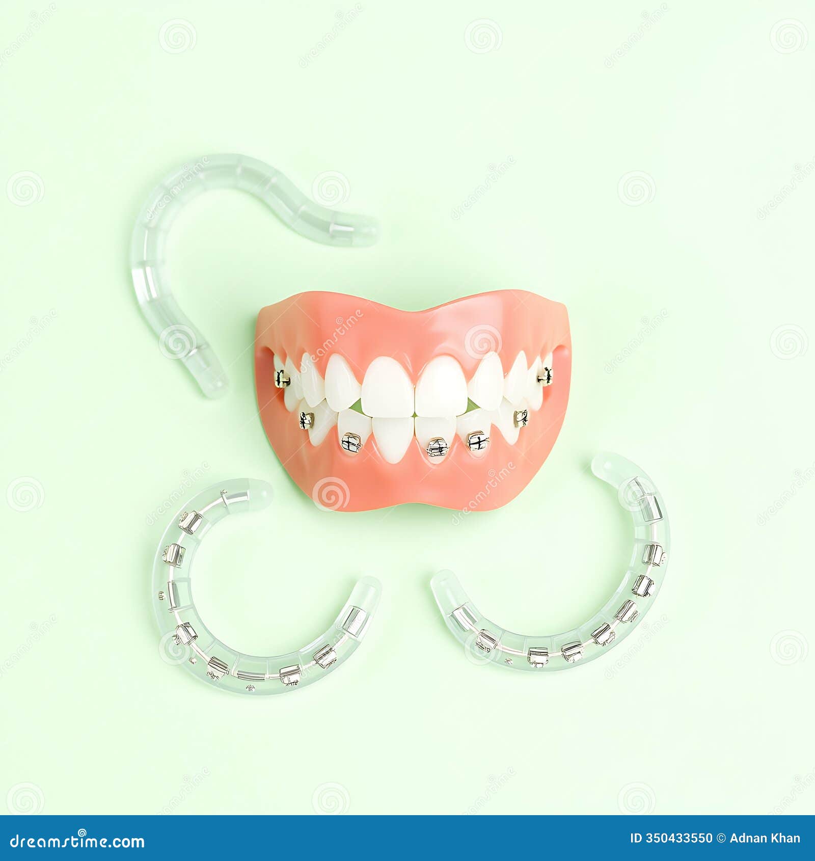 A Set of Braces and Aligners Displayed on a Pastel Green Backdrop Stock ...