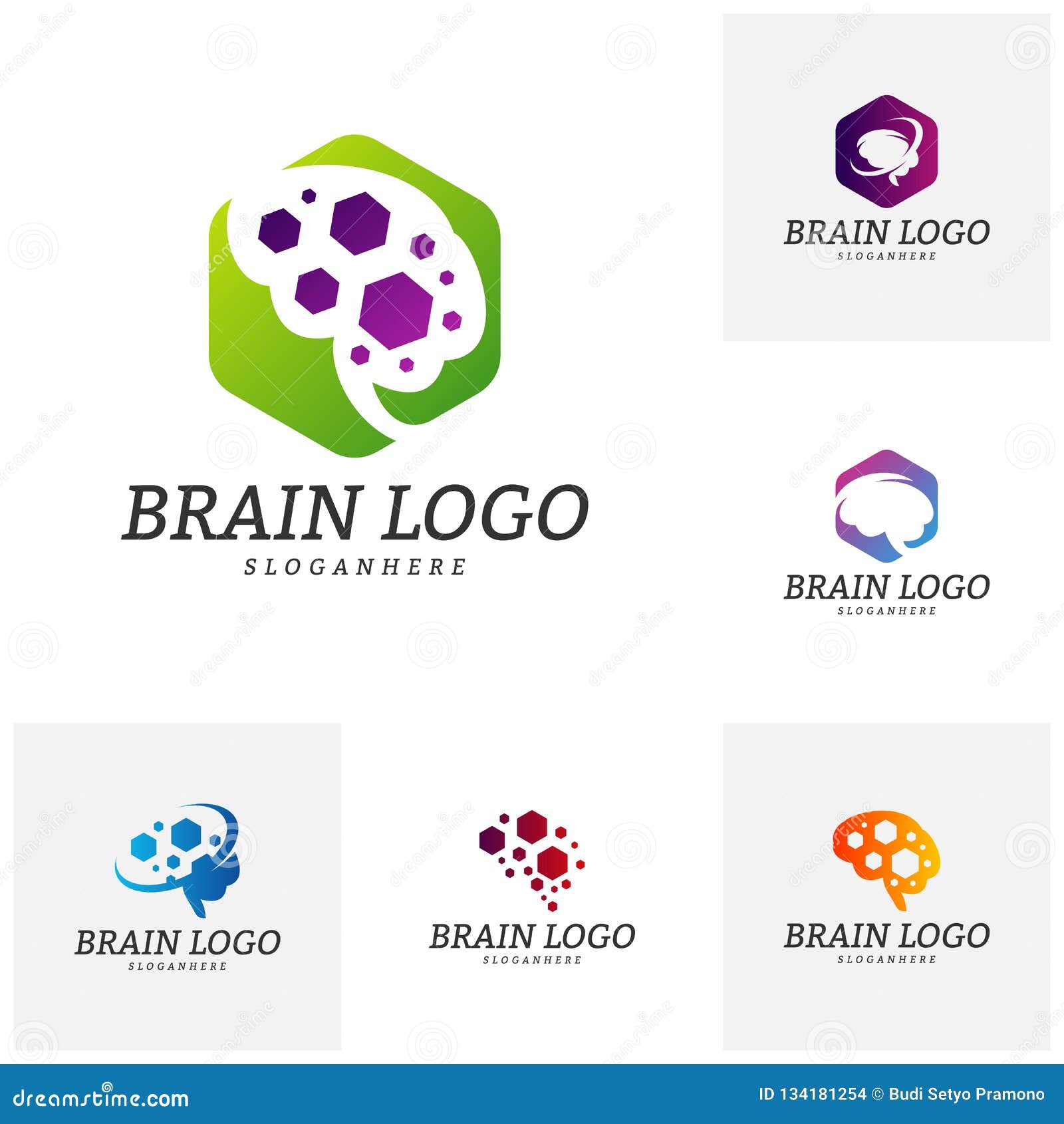 Set of Brain with Hexagon Logo Vector Template. Hexagon with Brain Mind ...