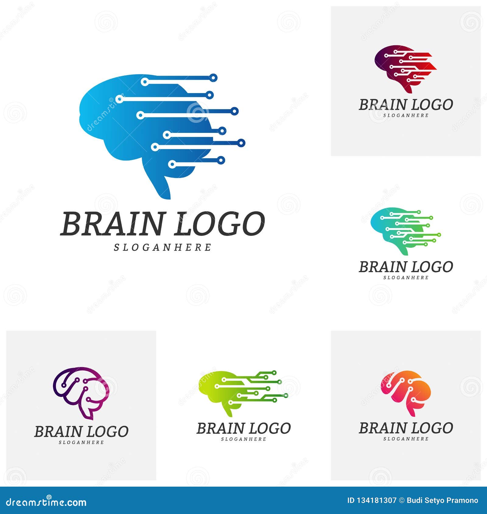 Set of Brain Tech Logo Vector Template. Tech Brain Mind Logo Concepts ...