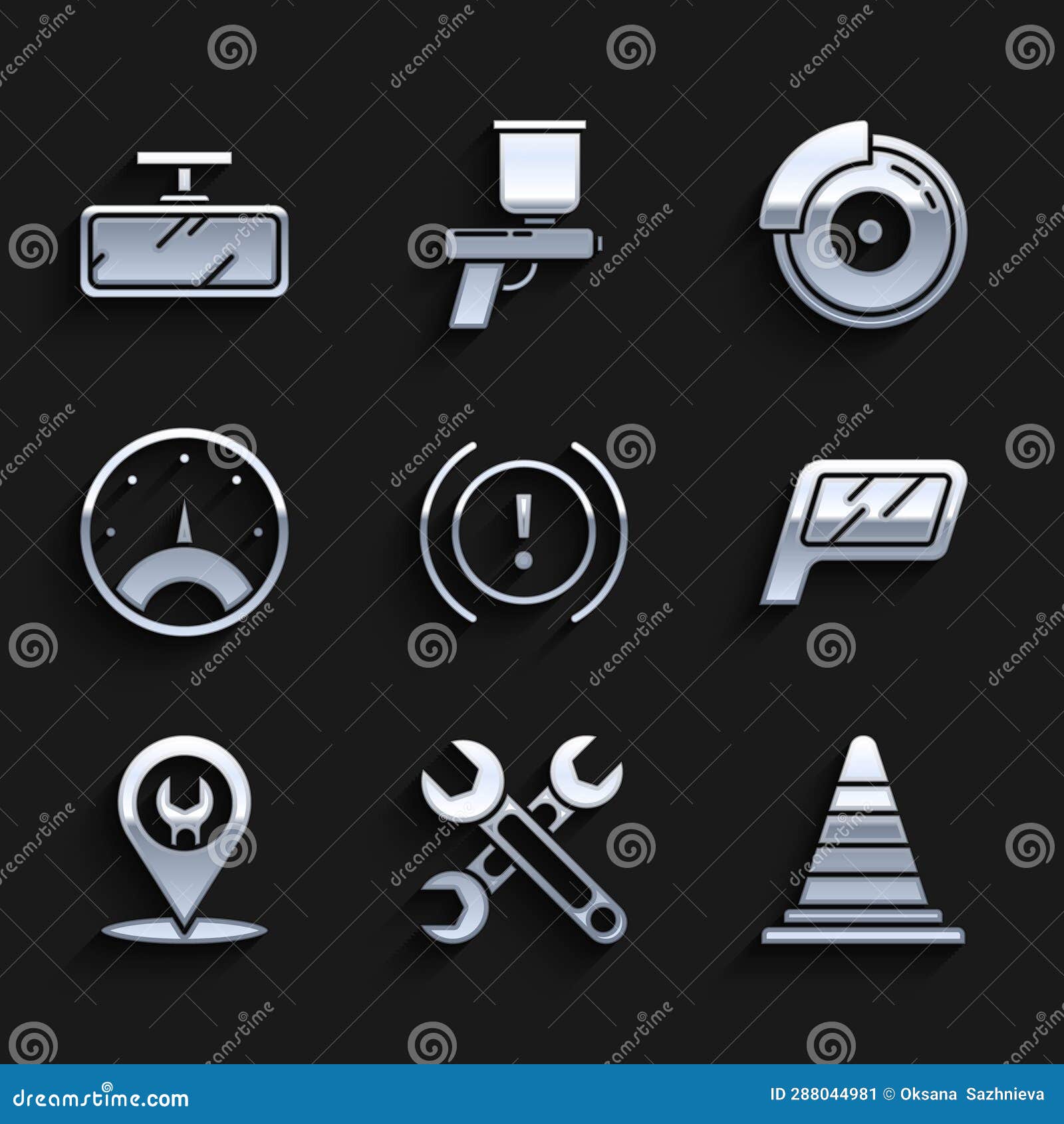 Set Brake System Warning, Wrench, Traffic Cone, Car Mirror, Service ...