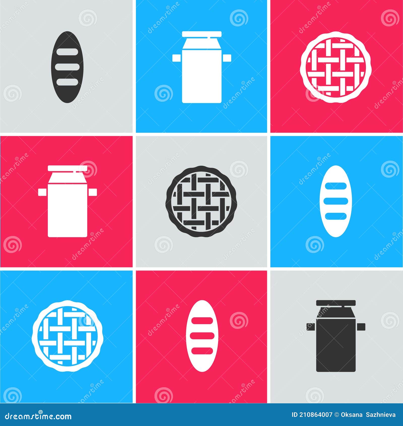 Set Bread Loaf, Can Container for Milk and Homemade Pie Icon. Vector ...