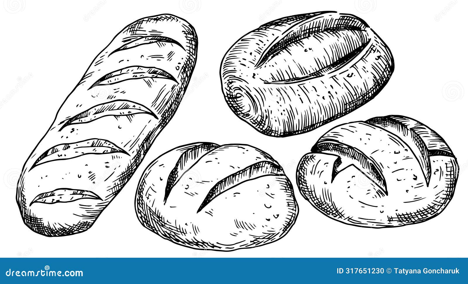 Set of Bread Loaves, Vector Drawing in Sketch Style. Stock Illustration ...