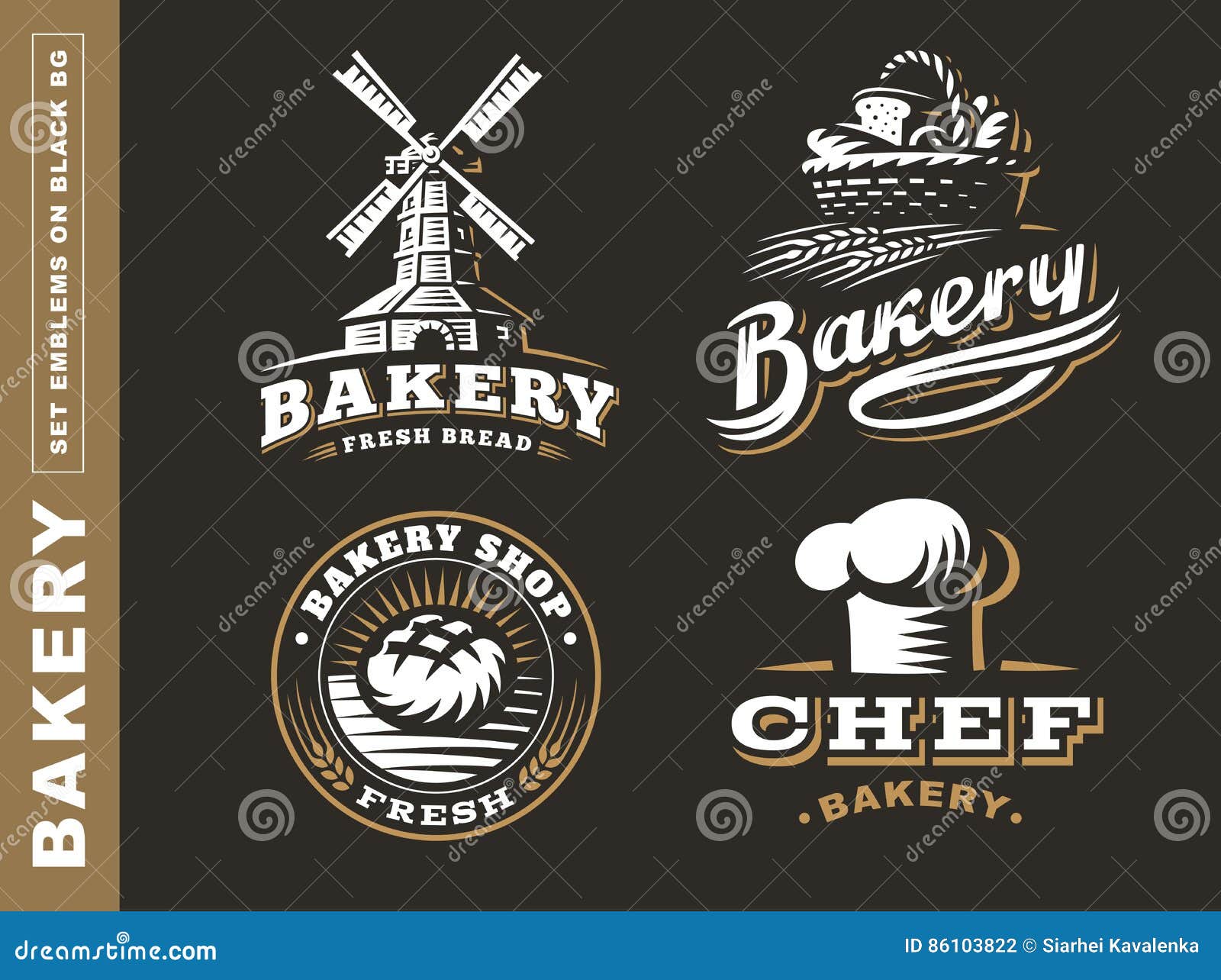 Set Bread Logo - Vector Illustration. Bakery Emblem on Black Background ...