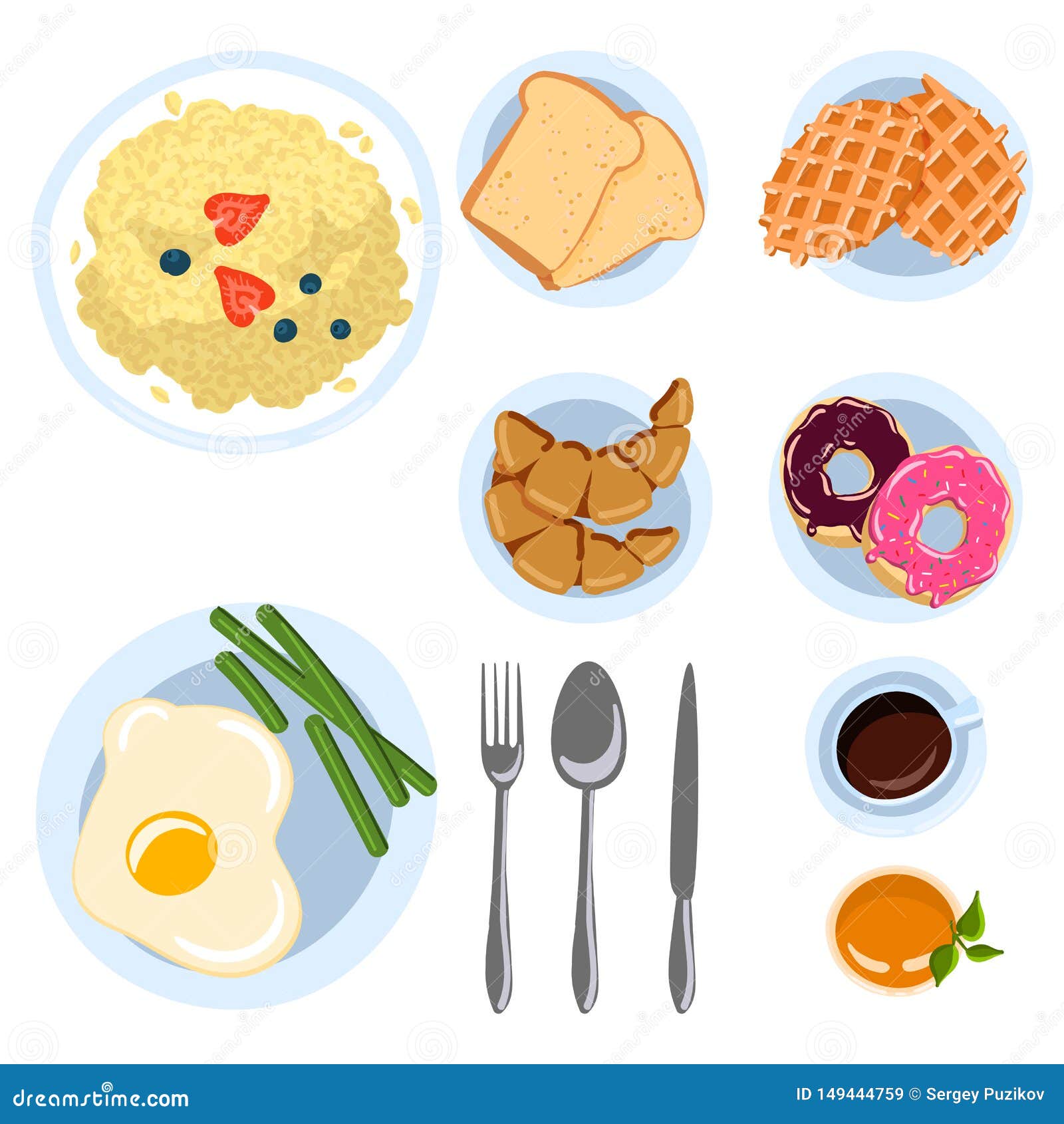 Set of Breakfast Items in Flat Doodle Style Top View Different Morning ...