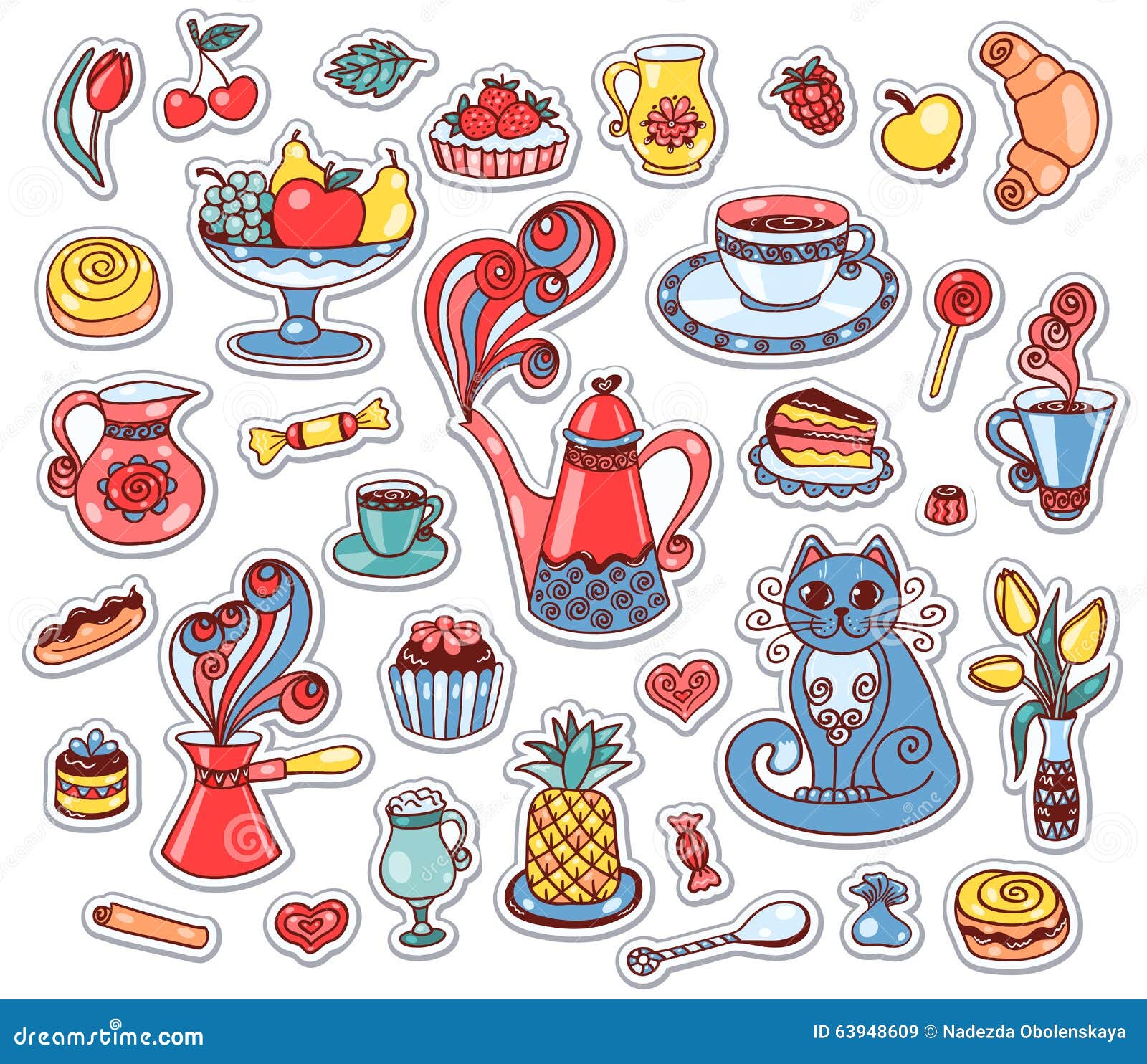 Set of breakfast stickers stock vector. Illustration of cafe - 63948609